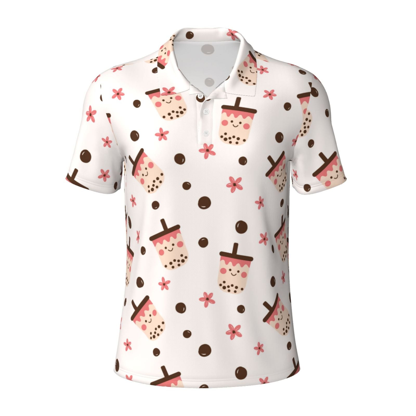 Xecao Boba Milk Tea for Mens' Casual Short Sleeve Button-Down Polo ...