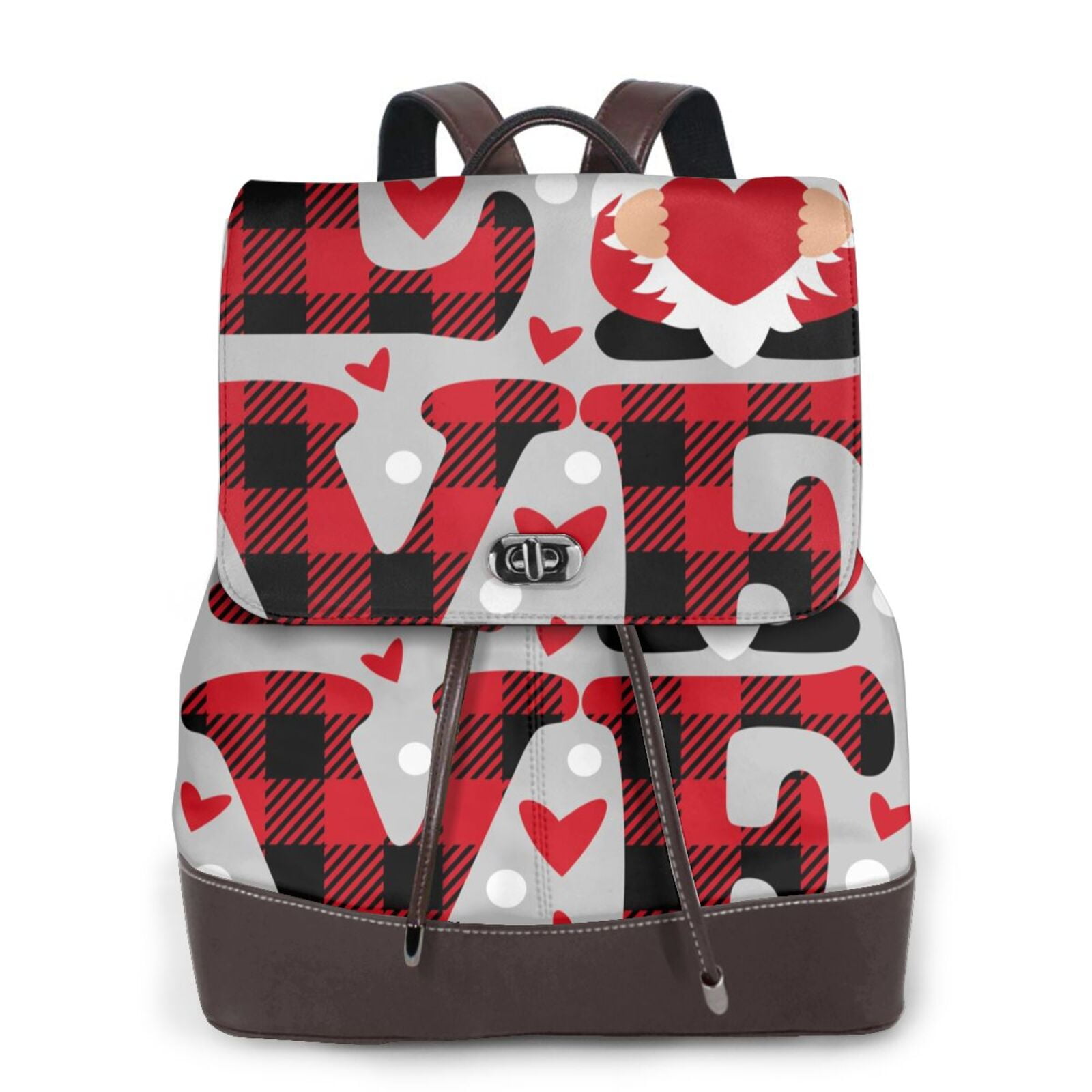 Xecao Buffalo Plaid Love And Gnome Print Large Backpack Soft Leather ...