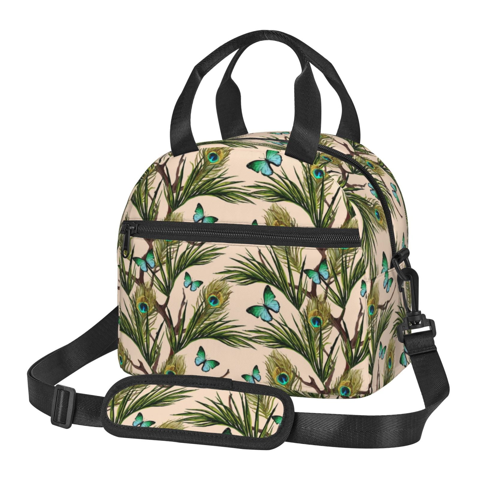 Xecao Butterflies And Peacock Feathers Print Insulated Lunch Box, Lunch ...