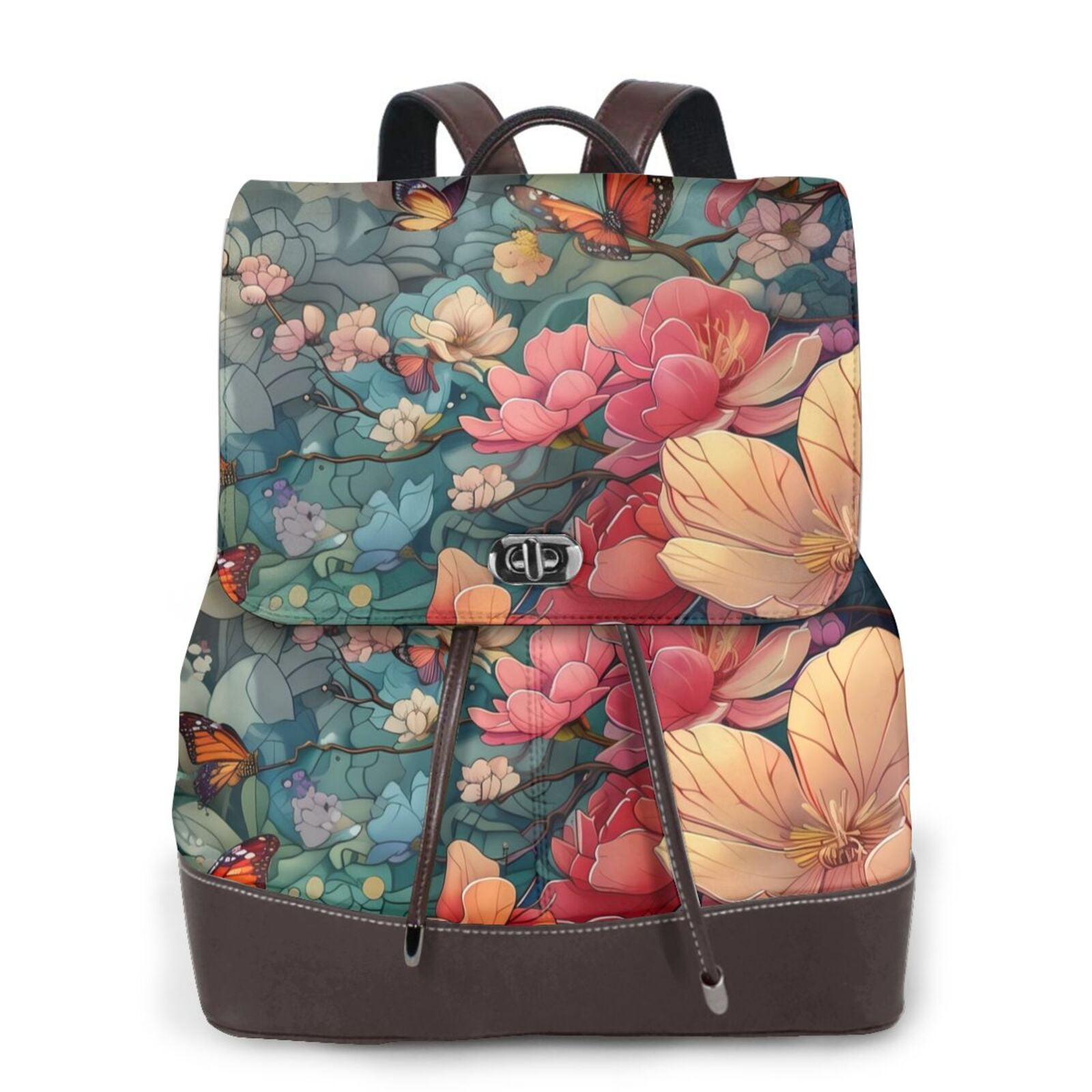 Xecao Butterflies In Blooming Garden Print Large Backpack Soft Leather ...
