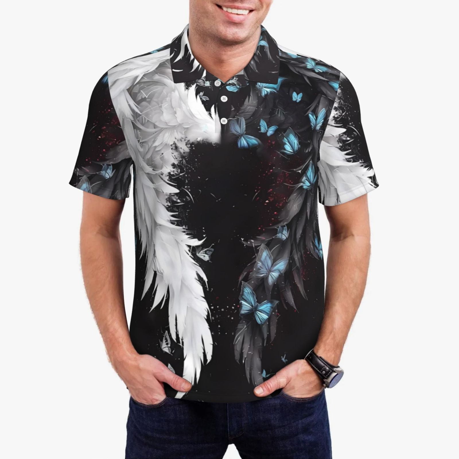 Xecao Butterfly Angel Wings Art Mens' Casual Short Sleeve Button-Down ...
