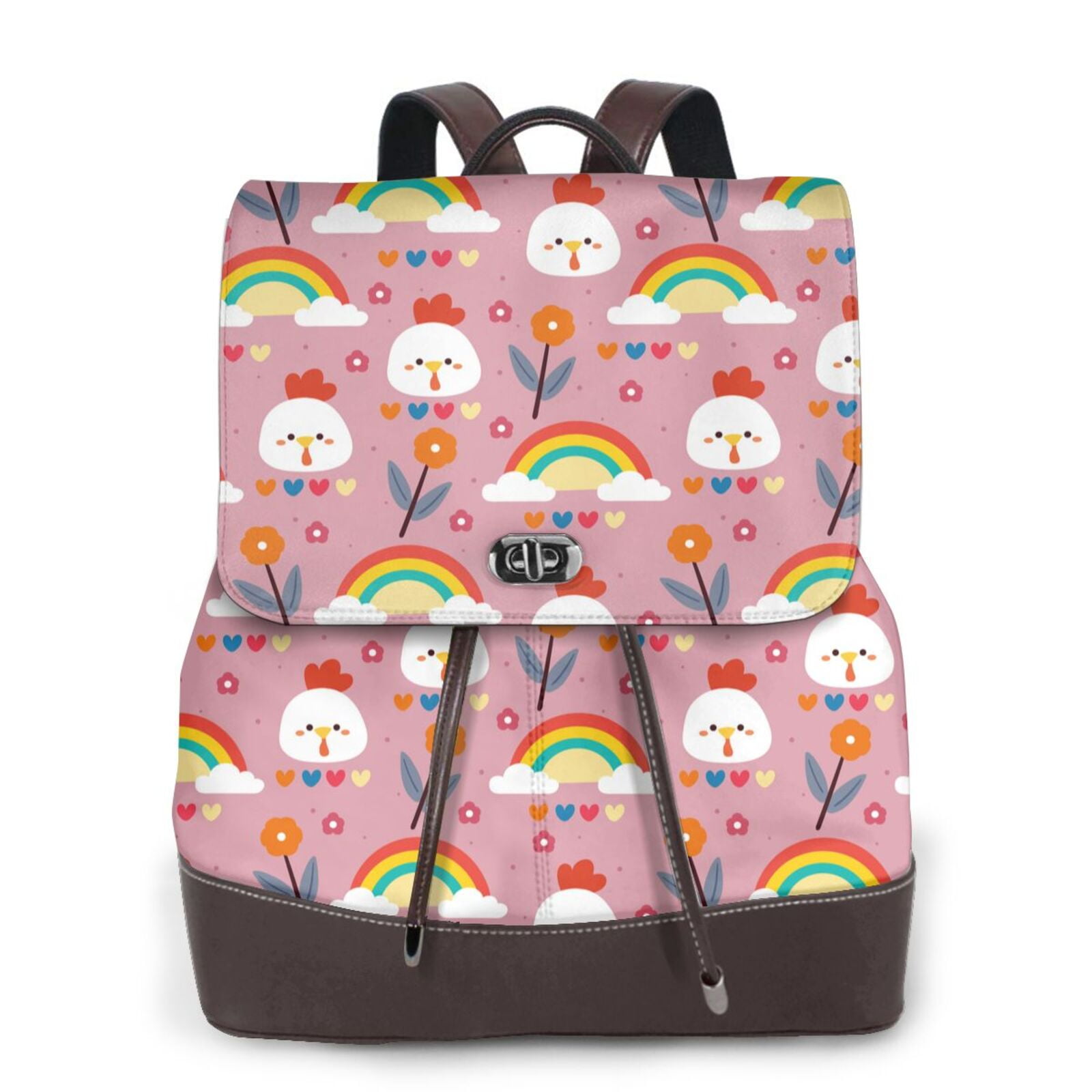 Xecao Cartoon Chicken Print Large Backpack Soft Leather for Women ...