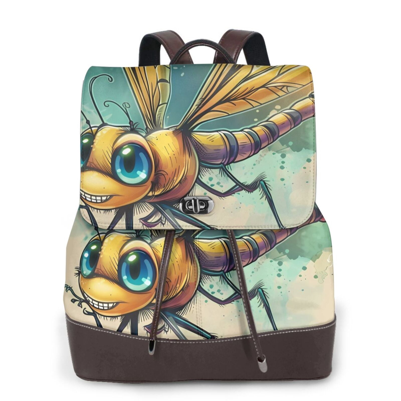 Xecao Cartoon Dragonfly Art Print Large Backpack Soft Leather for Women ...