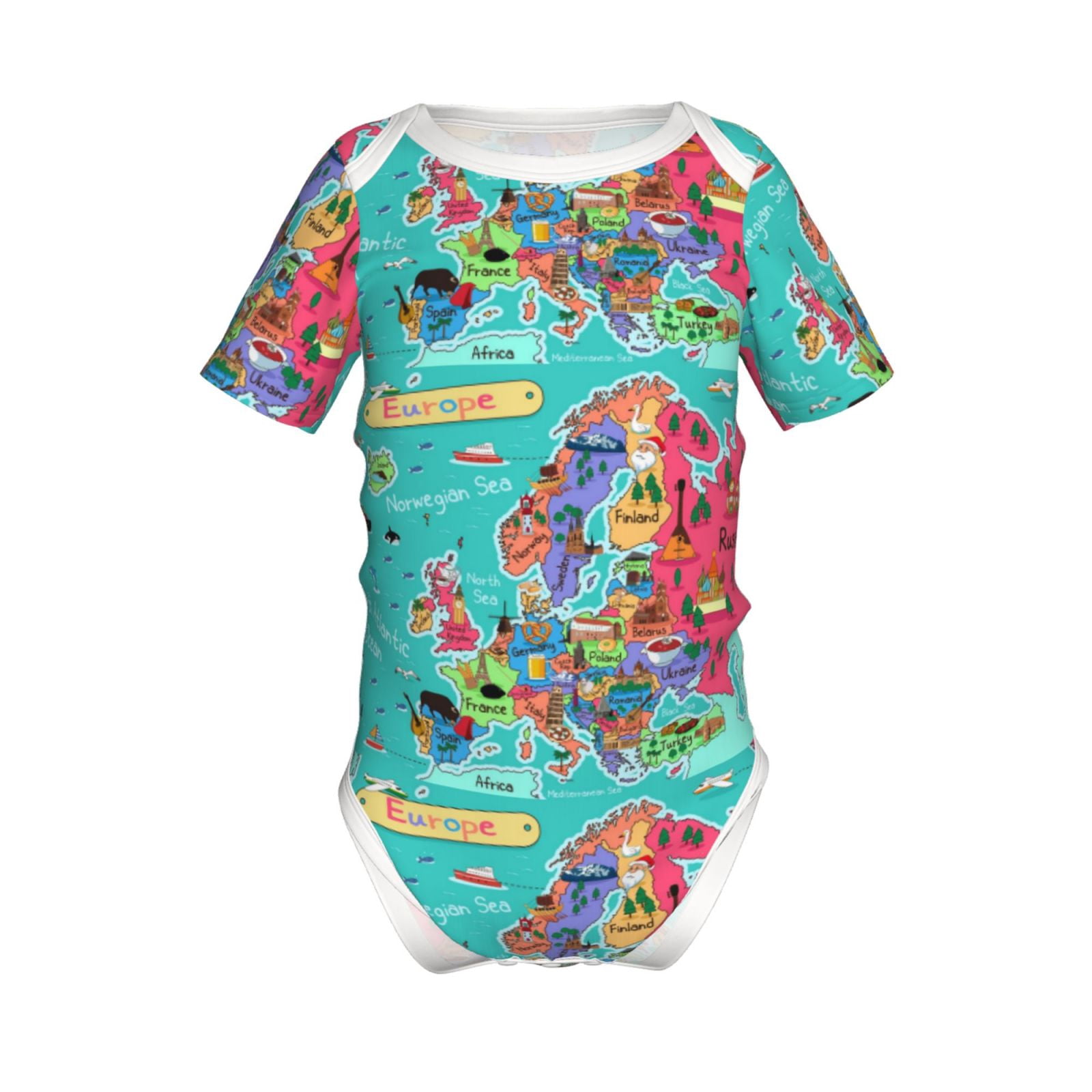 Xecao Cartoon Map Of Europe Pattern Baby Climbing Bodysuit Short Sleeve ...