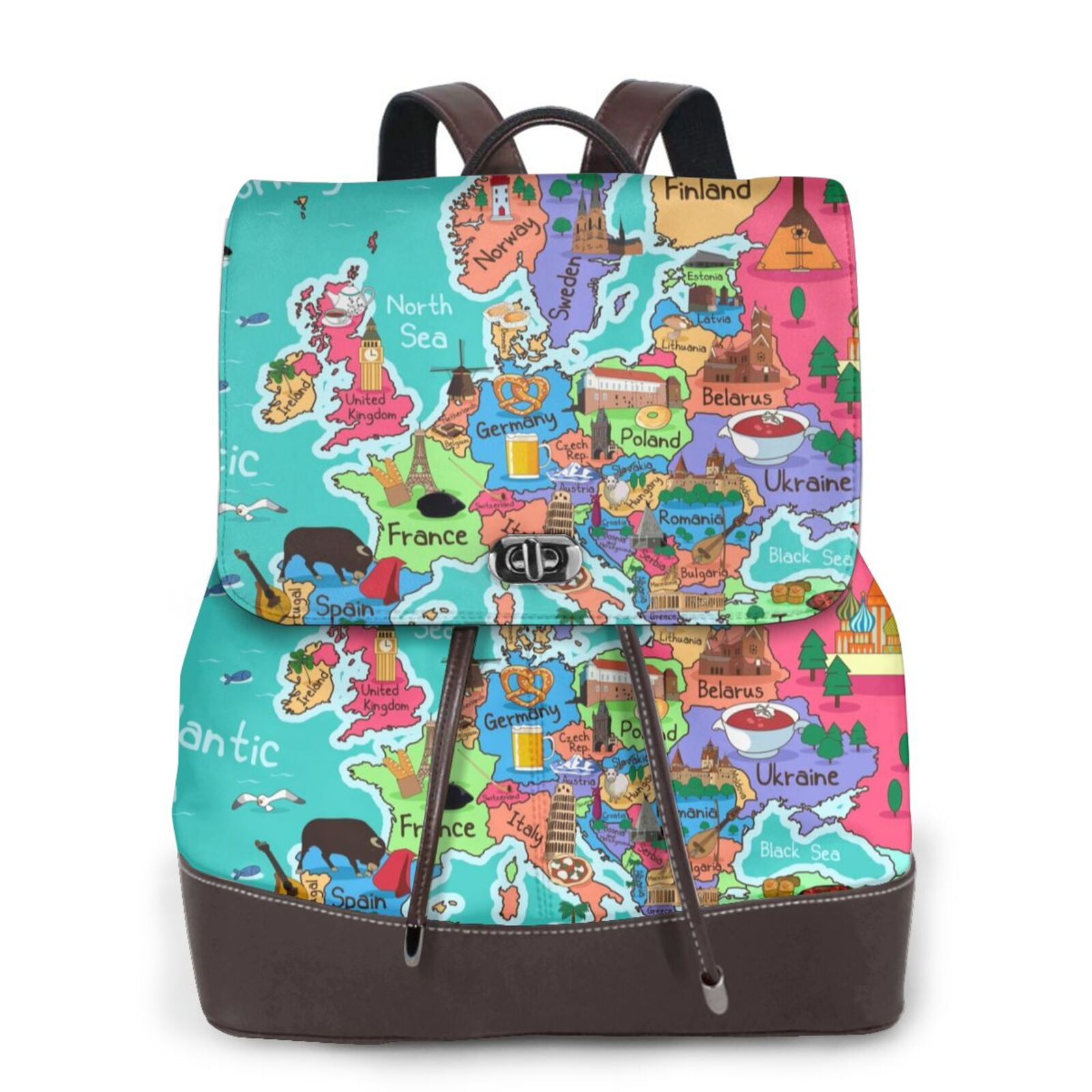Xecao Cartoon Map Of Europe Print Large Backpack Soft Leather for Women ...