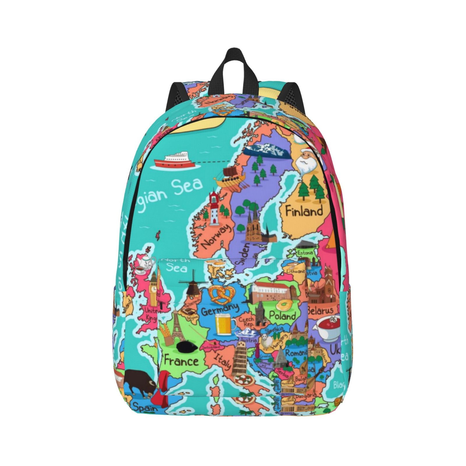 Xecao Cartoon Map Of Europe for Canvas College Laptop Backpack, Durable ...