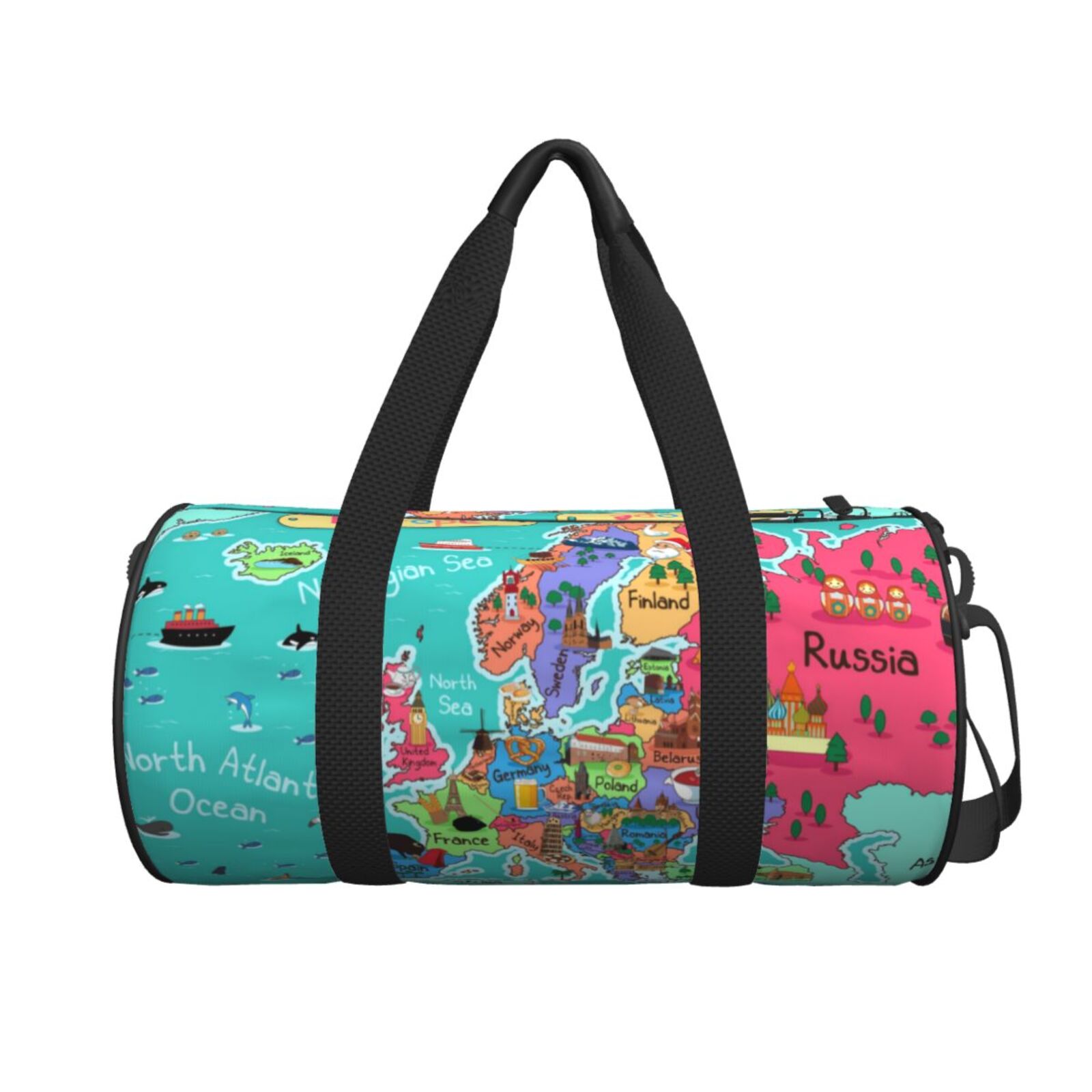 Xecao Cartoon Map Of Europe print Round Travel Duffel Bag is a foldable ...