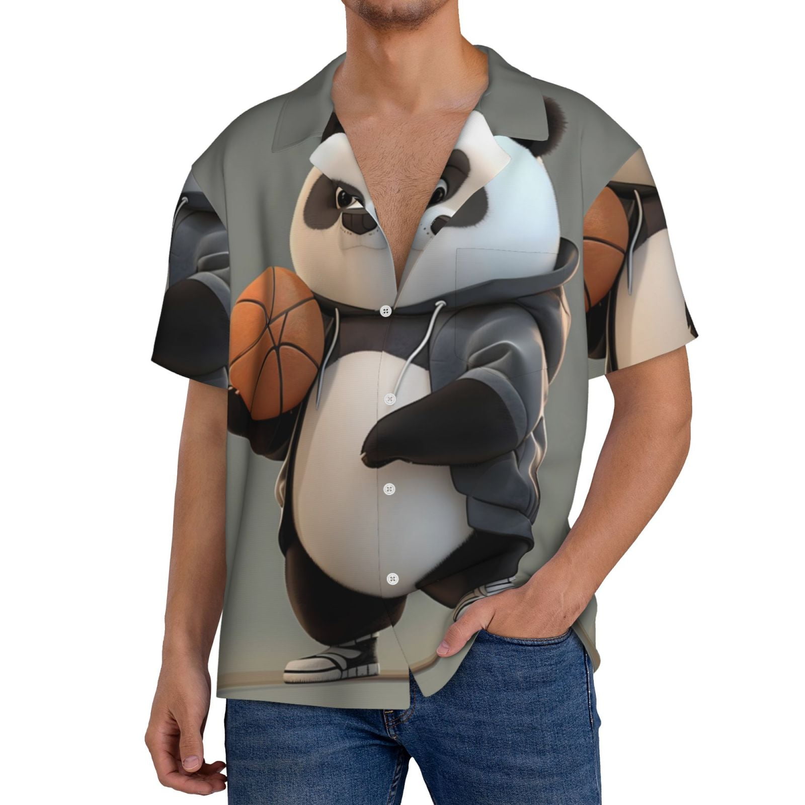 Xecao Cartoon Pandas Basketball Men's Casual Short-sleeved Shirt, a button-up collared shirt ...