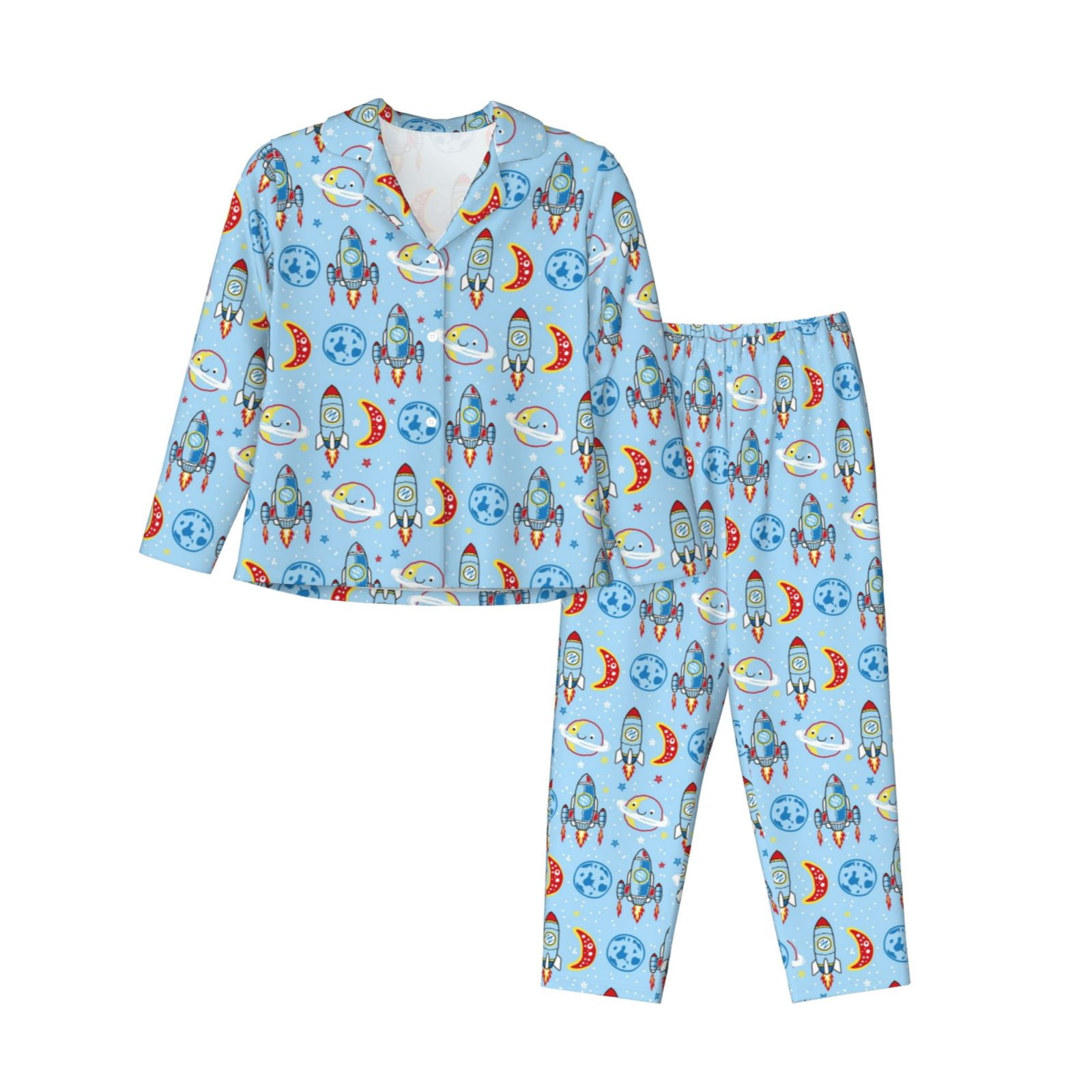 Xecao Cartoon Rocket With Space Print Women Pajamas Set Soft Sleepwear ...