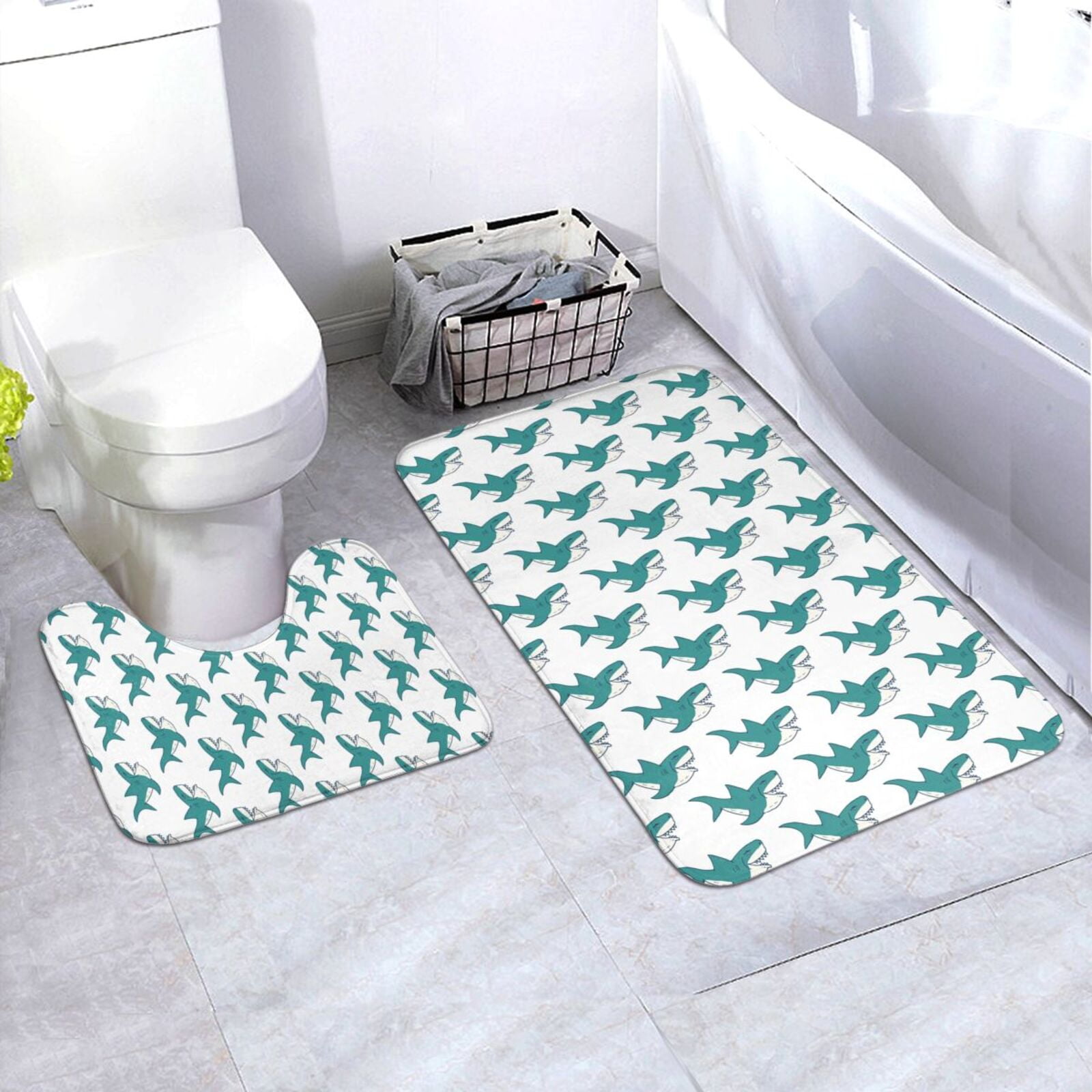 Xecao Cartoon Shark 2-Piece Vintage Seamless Anti-Skid Mat Set ...