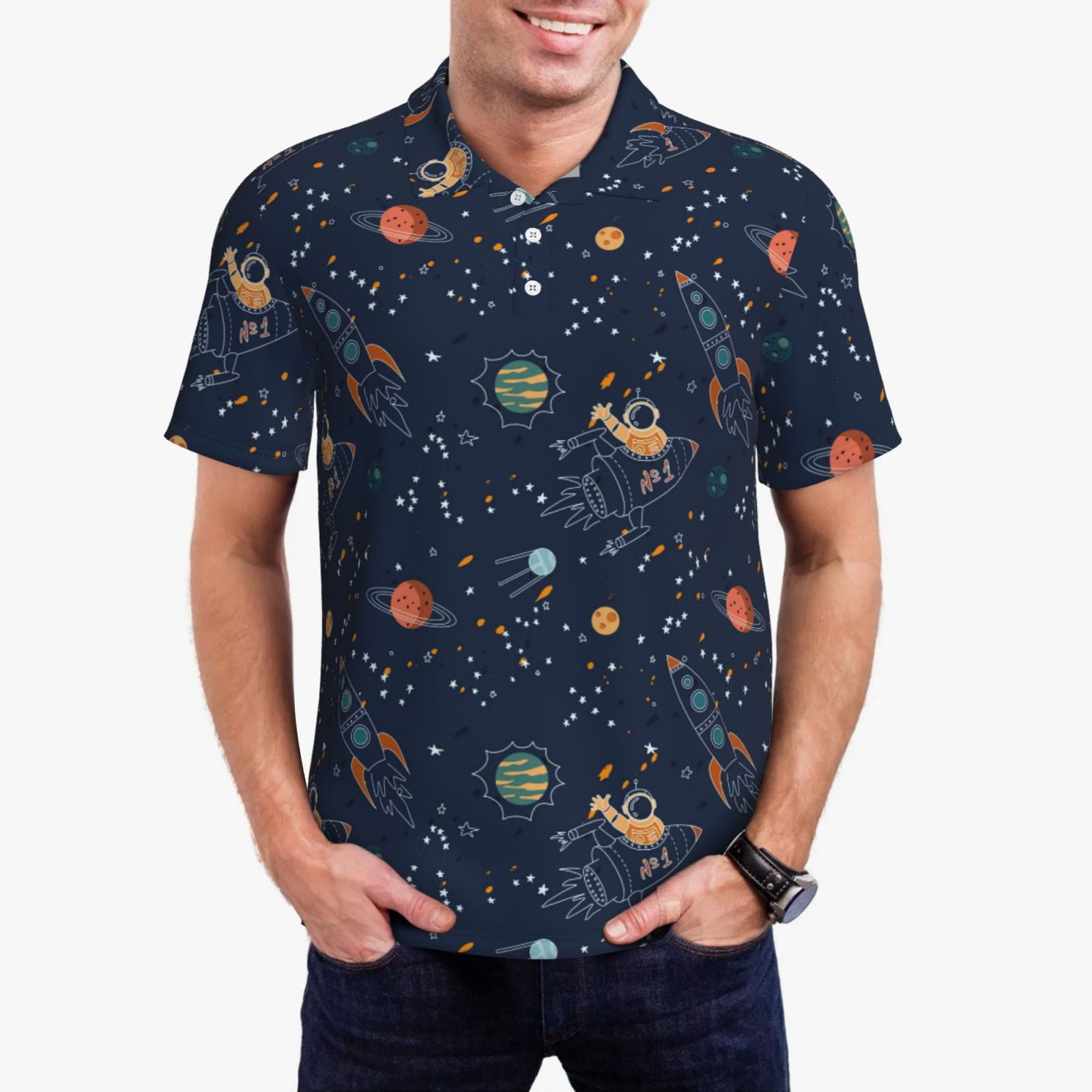 Xecao Cartoon Space Planets Mens' Casual Short Sleeve Button-Down Polo ...