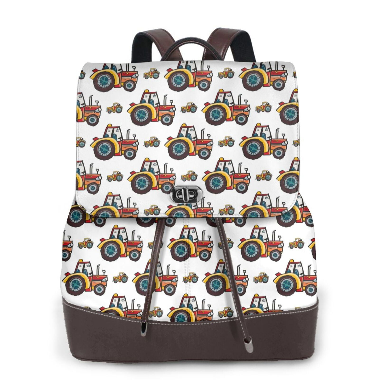 Xecao Cartoon Tractor Print Large Backpack Soft Leather for Women ...