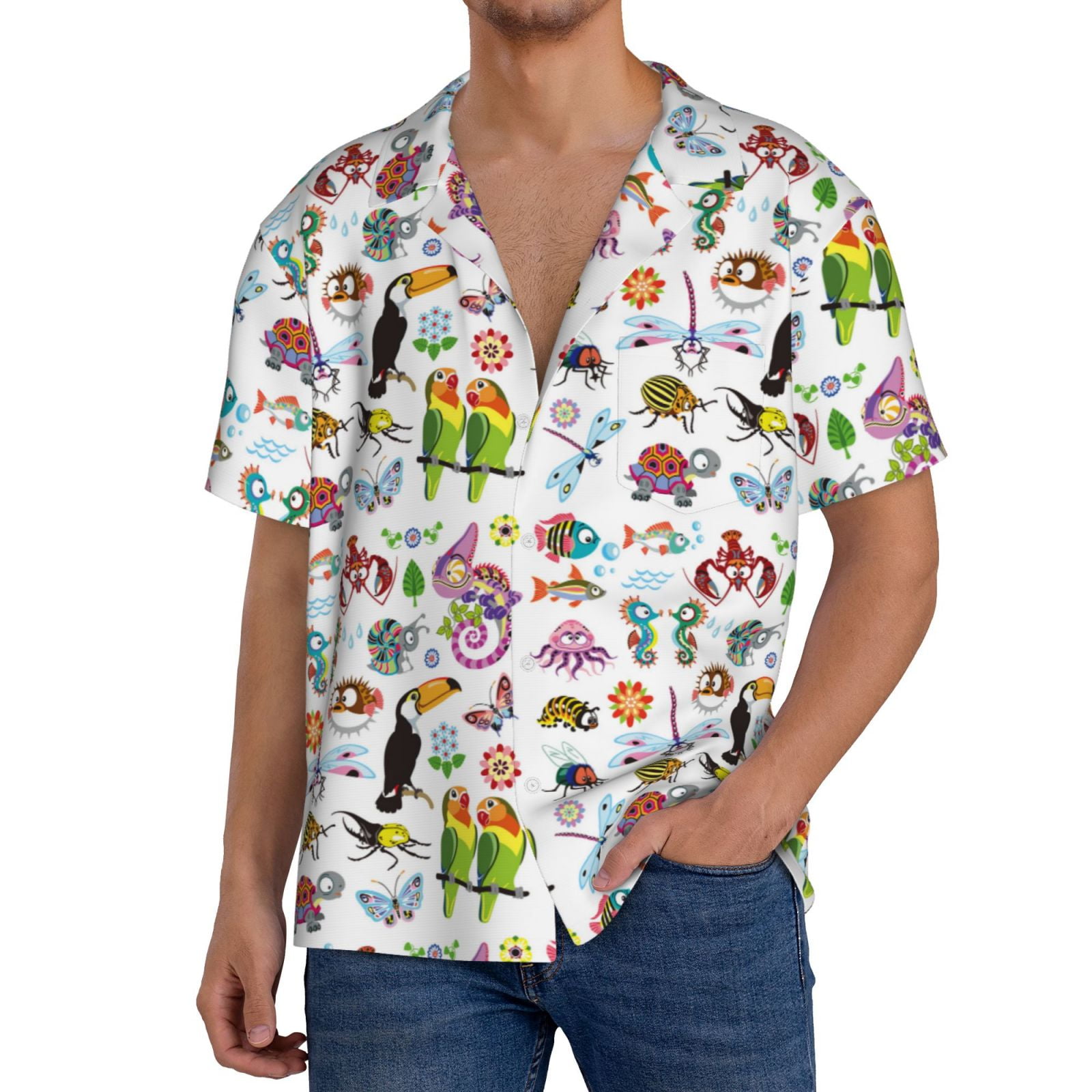 Xecao Cartoon Wild Animals Men's Casual Short-sleeved Shirt, a button ...