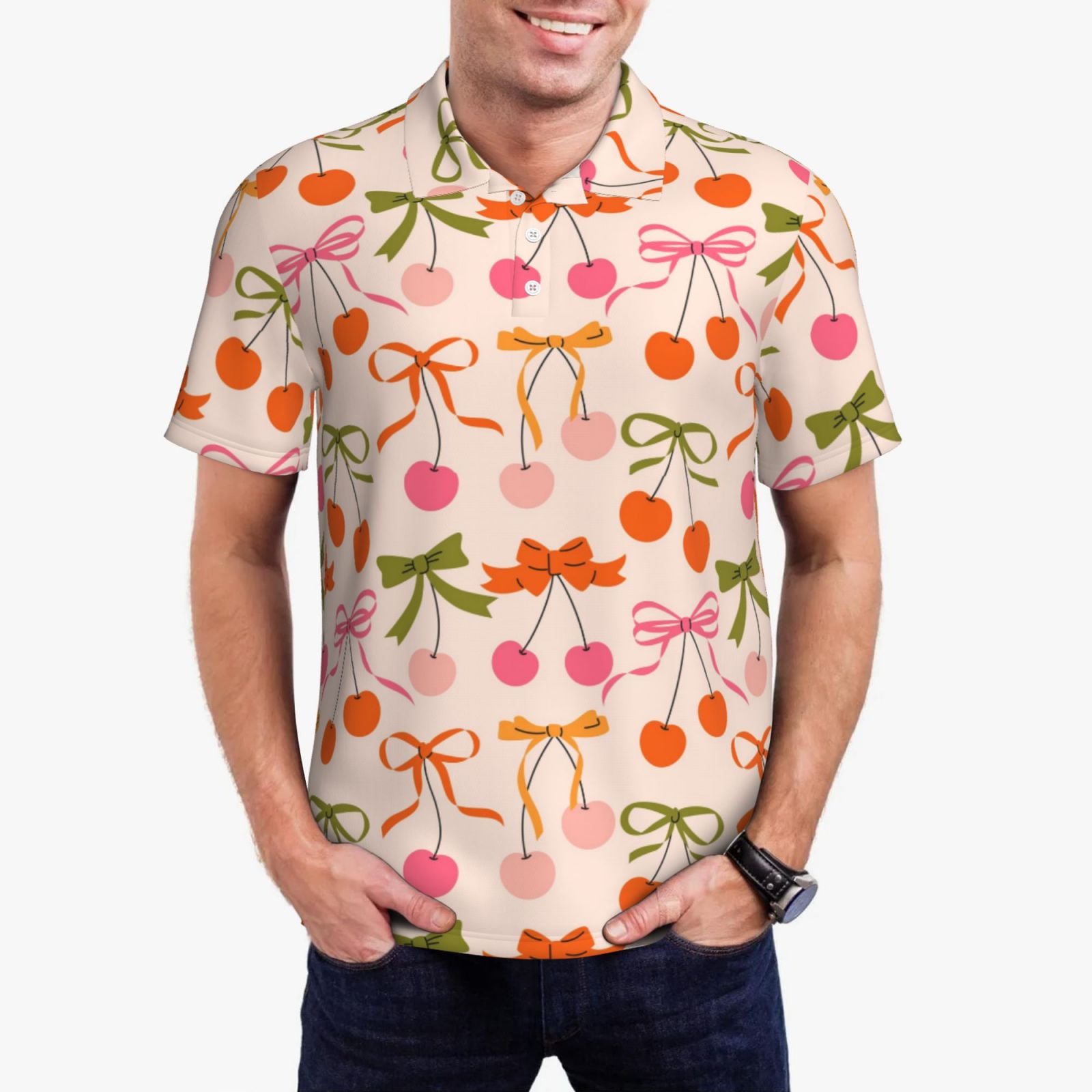 Xecao Cherries And Bows Mens' Casual Short Sleeve Button-Down Polo ...