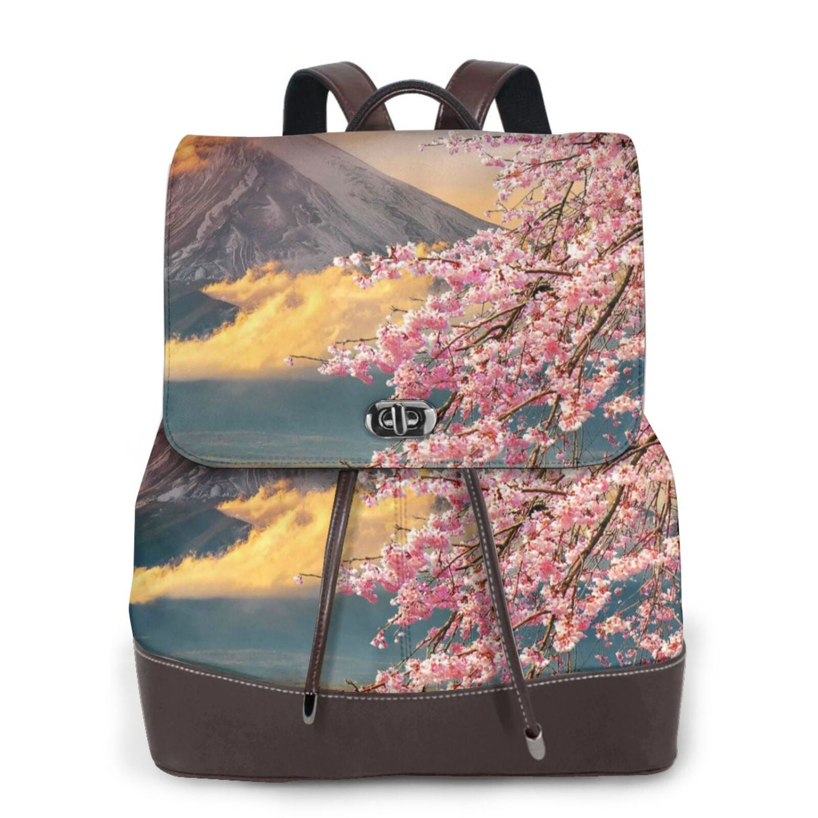Xecao Cherry Blossoms Print Large Backpack Soft Leather for Women ...