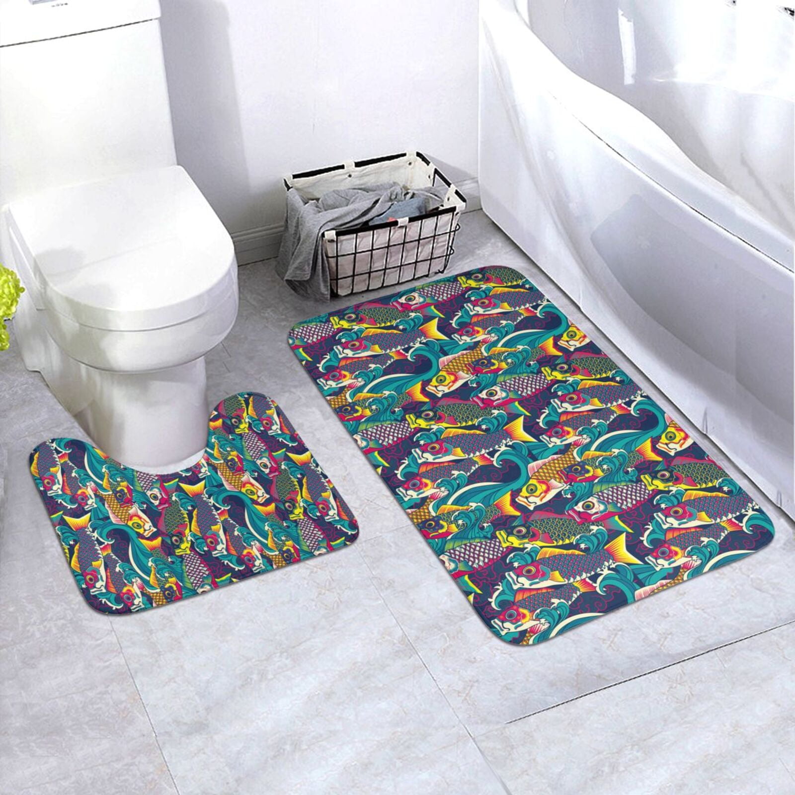 Xecao Colorful Carp Streamer 2-Piece Vintage Seamless Anti-Skid Mat Set ...