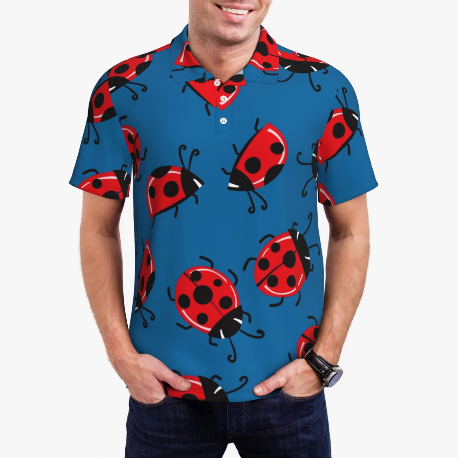 Xecao Colorful Ladybird Mens' Casual Short Sleeve Button-Down Polo ...