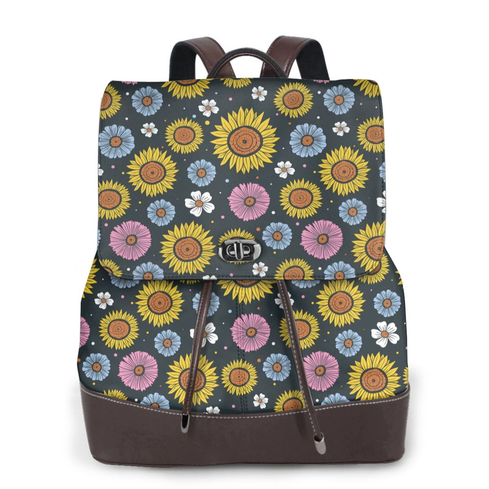 Xecao Colorful Sunflowers Print Large Backpack Soft Leather for Women ...