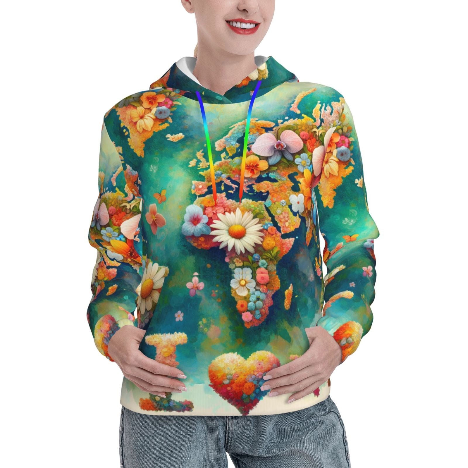Xecao Colorful World Map Pattern Hoodies for Women Sweatshirts Long ...