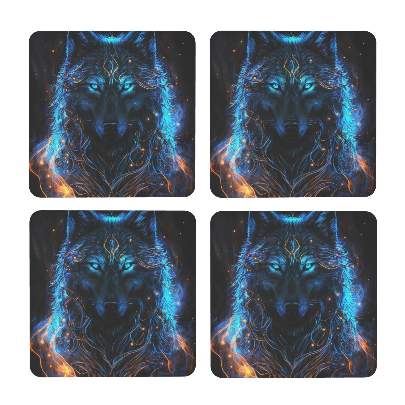 Xecao Cool Blue Light Wolf for MDF Cork Coaster 4 Pcs,Drink Coasters ...