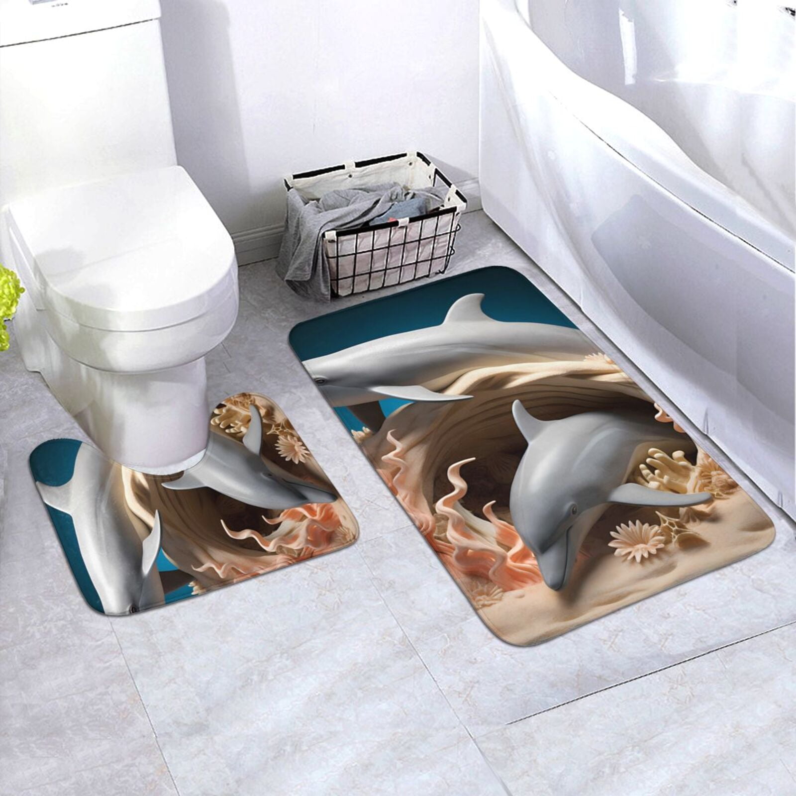 Xecao Coral Fish Dolphin 2-Piece Vintage Seamless Anti-Skid Mat Set ...