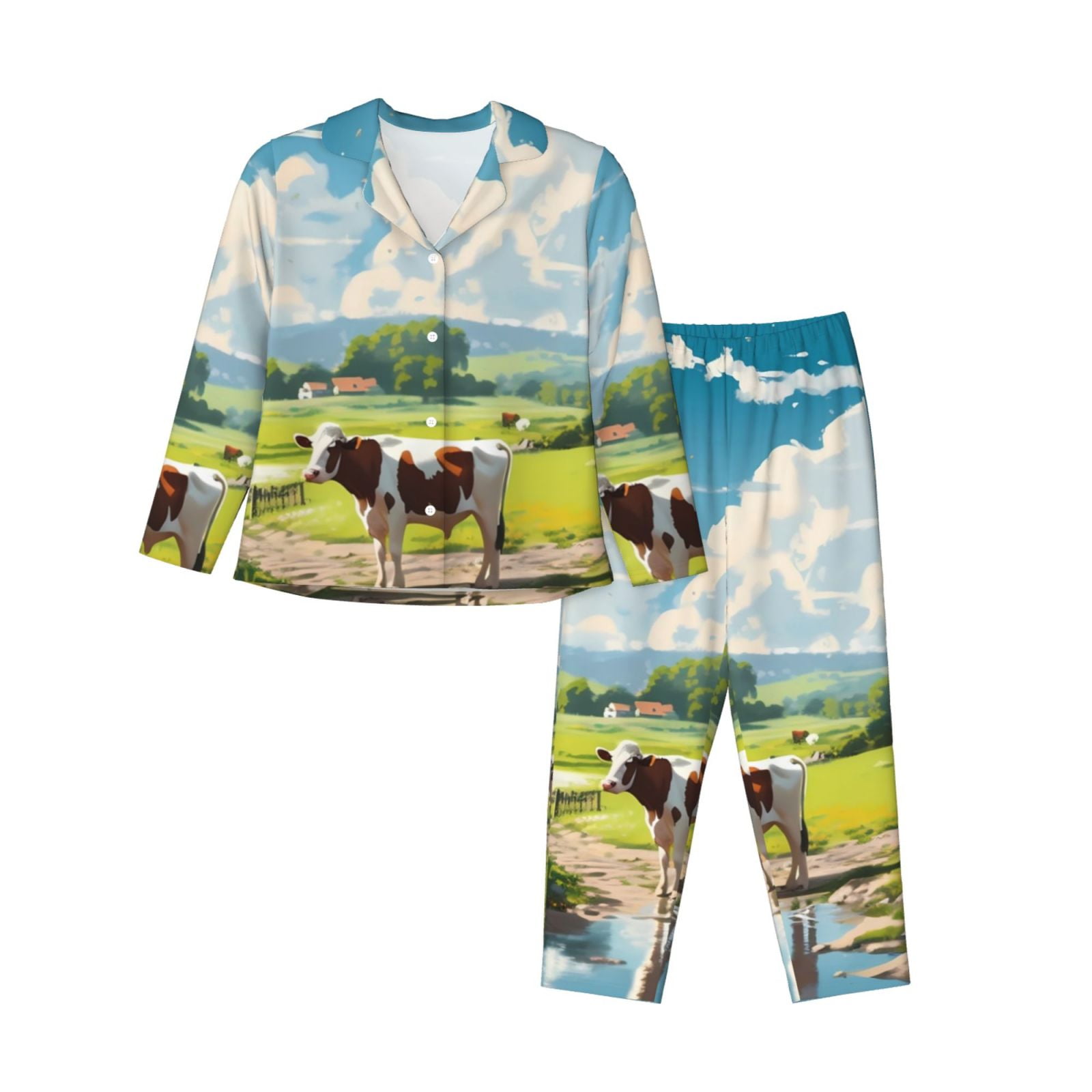 Xecao Countryside Farm Cow Print Women Pajamas Set Soft Sleepwear Pjs ...