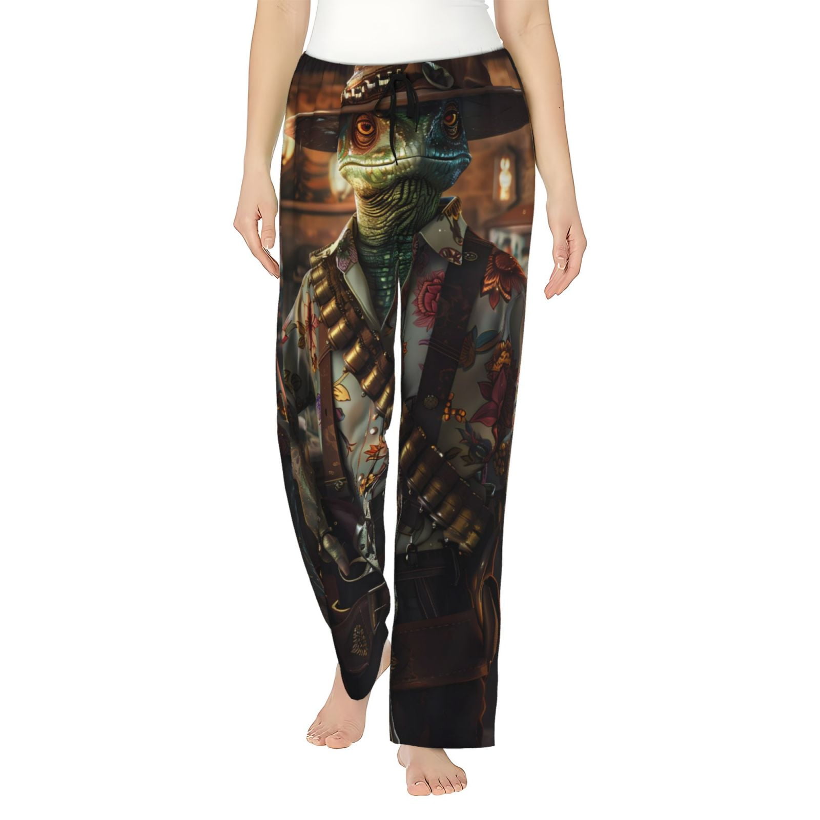 Xecao Cowboy Iguana Floral Shirt Print Women's Straight Lounge Pajama ...