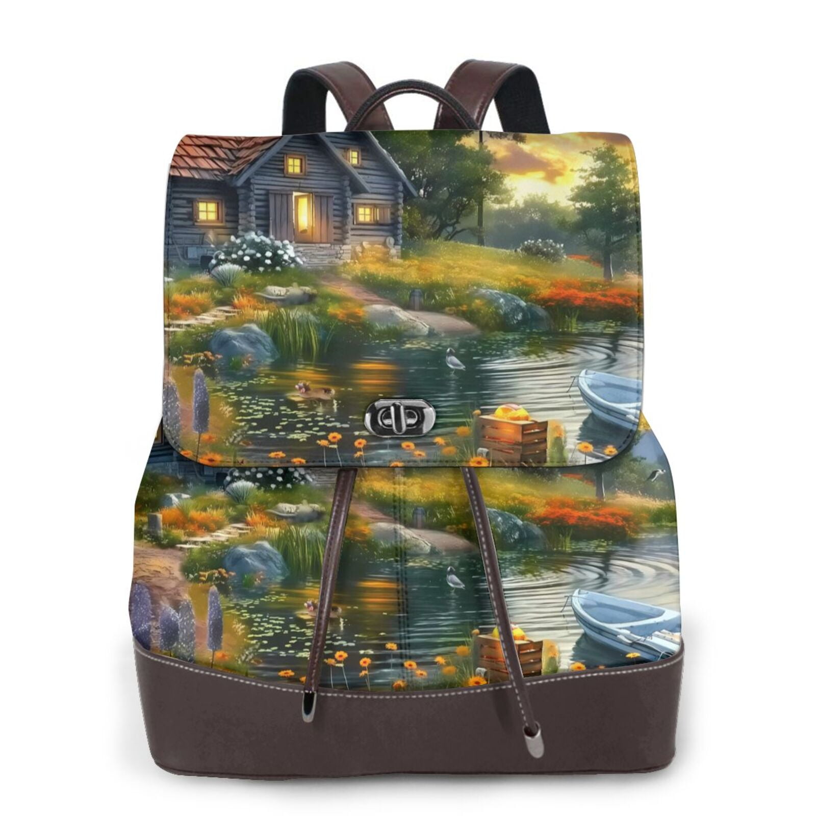 Xecao Cozy Cottage Lakeside Sunset Print Large Backpack Soft Leather ...