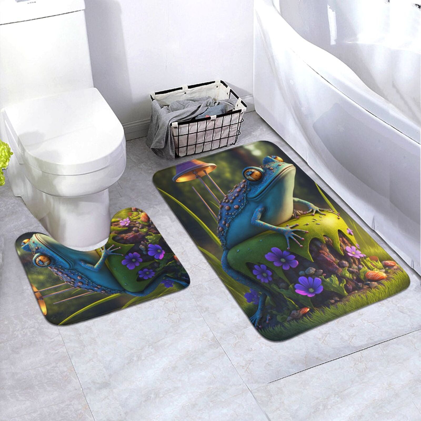 Xecao Cute Blue Frog 2-Piece Vintage Seamless Anti-Skid Mat Set ...