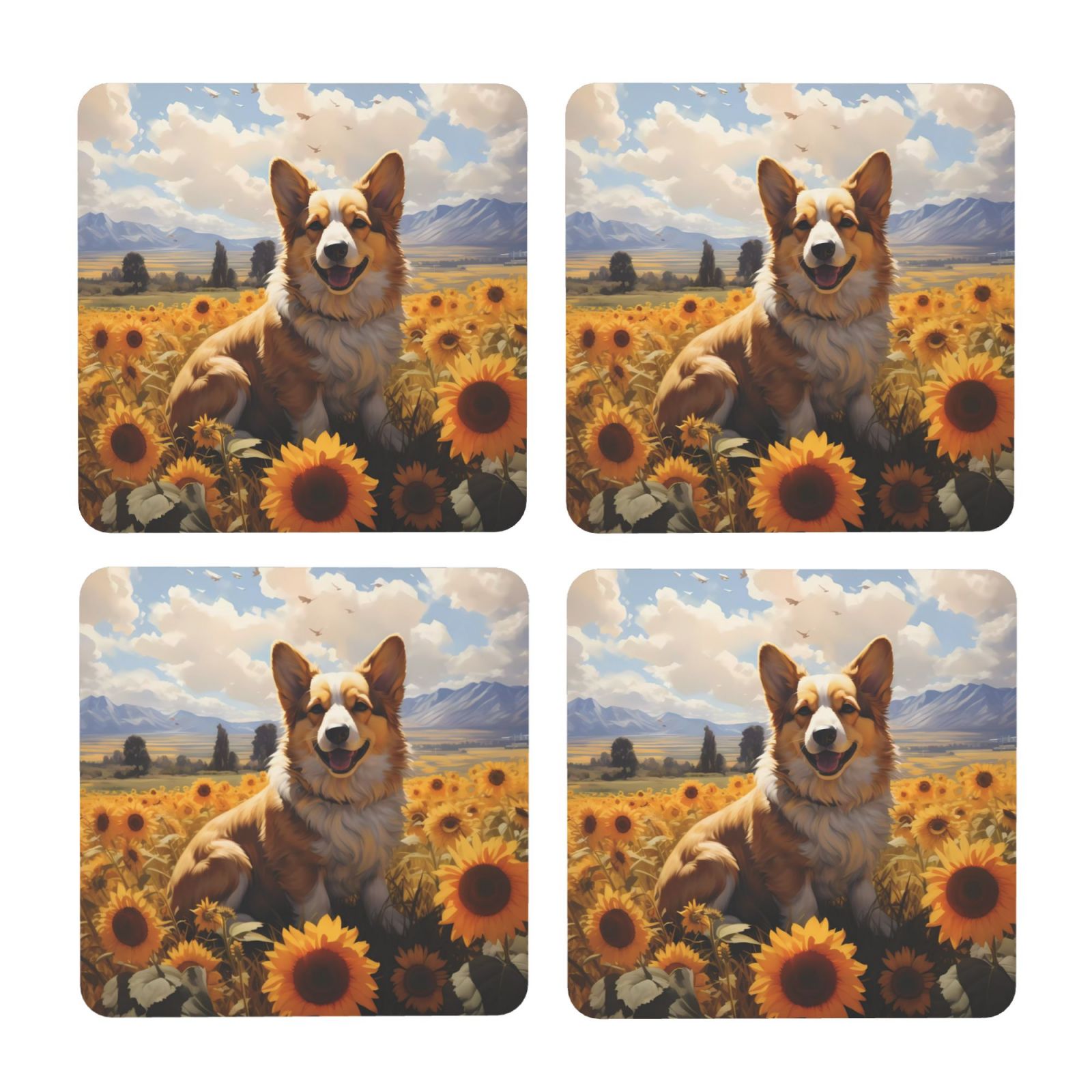 Xecao Cute Corgi Sunflower for MDF Cork Coaster 4 Pcs,Drink Coasters ...
