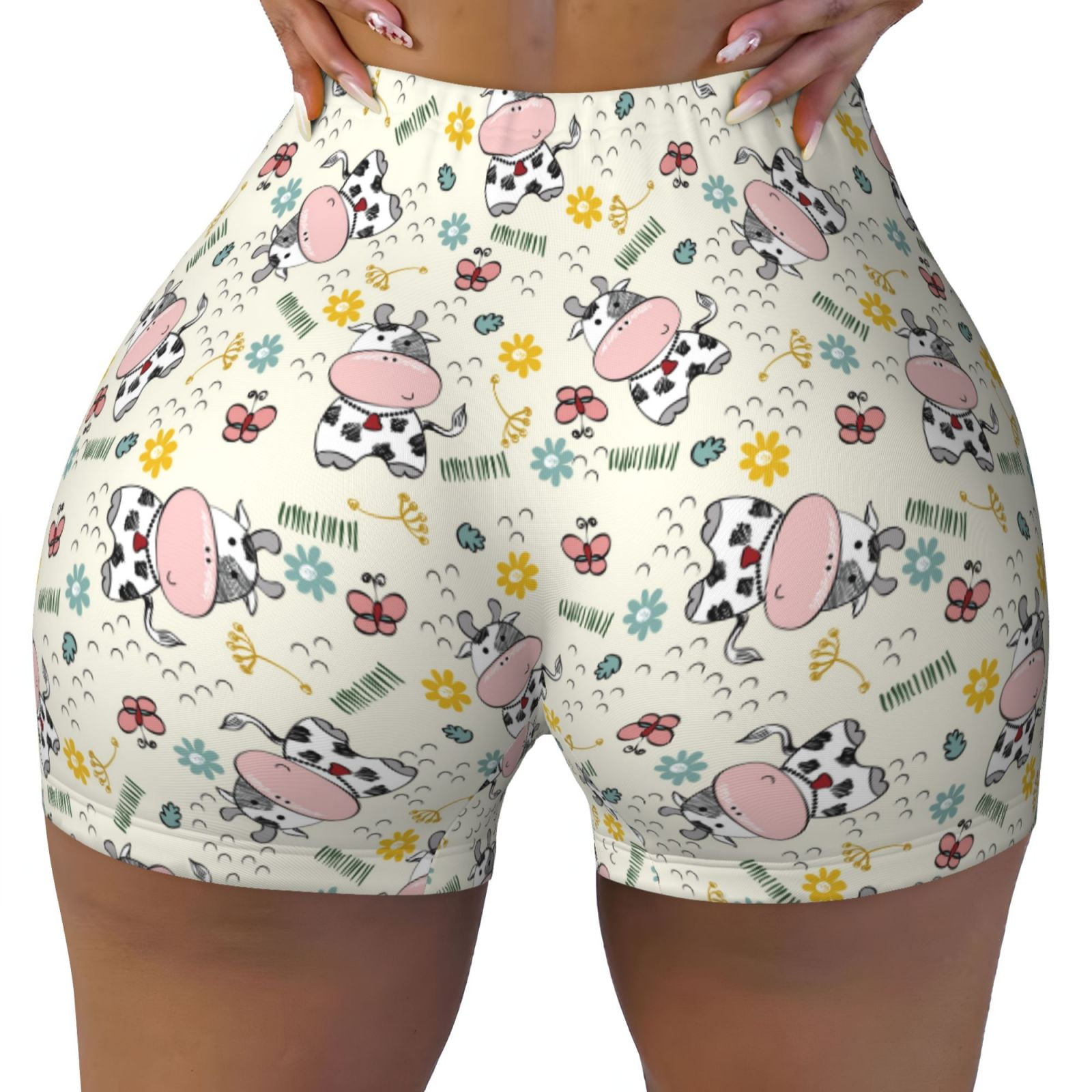 Xecao Cute Cow Print Workout Shorts for Women Soft Smooth Gym Yoga ...