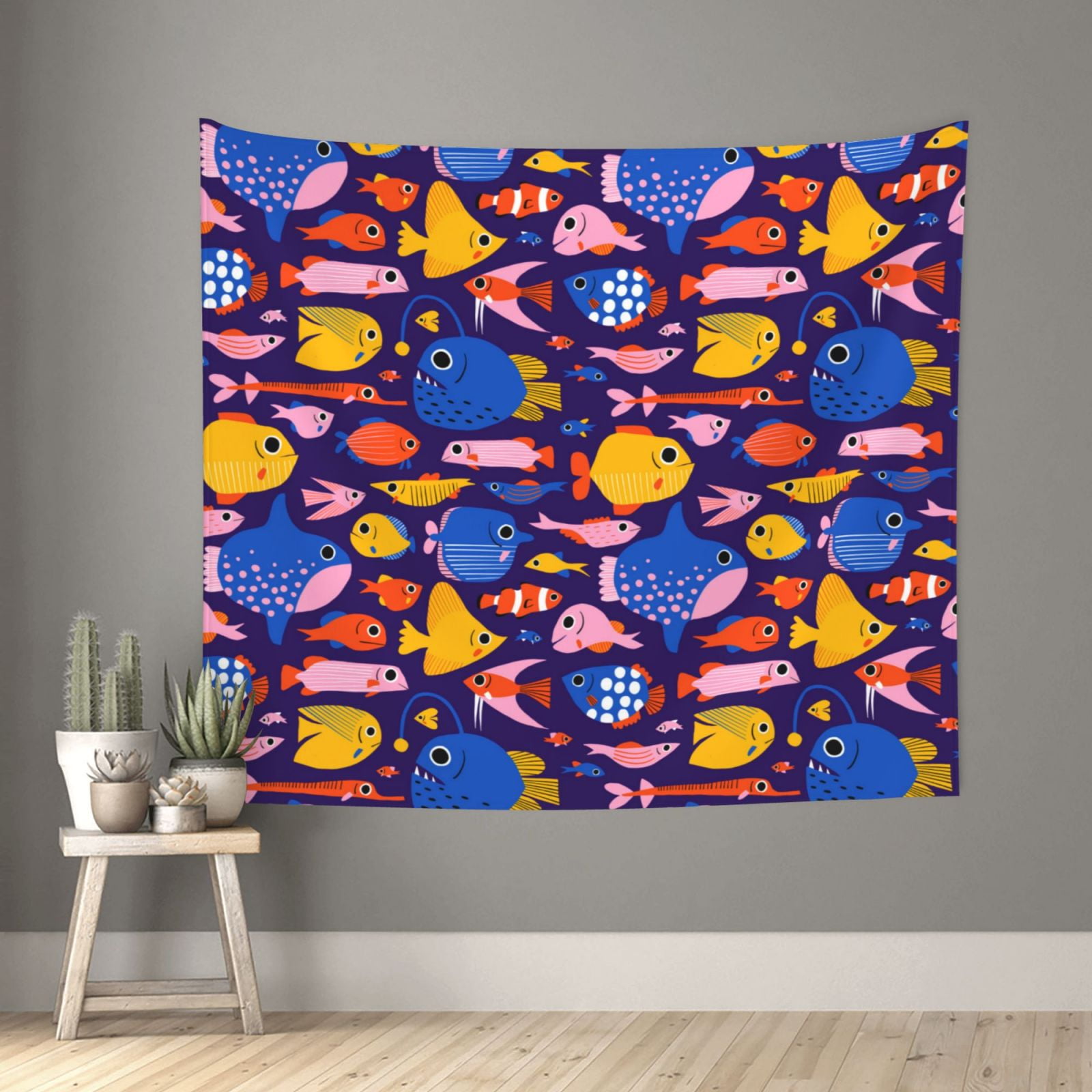 Xecao Cute Flat Hand Drawn Fishes patten Tapestry 60x51 Inches Wall ...