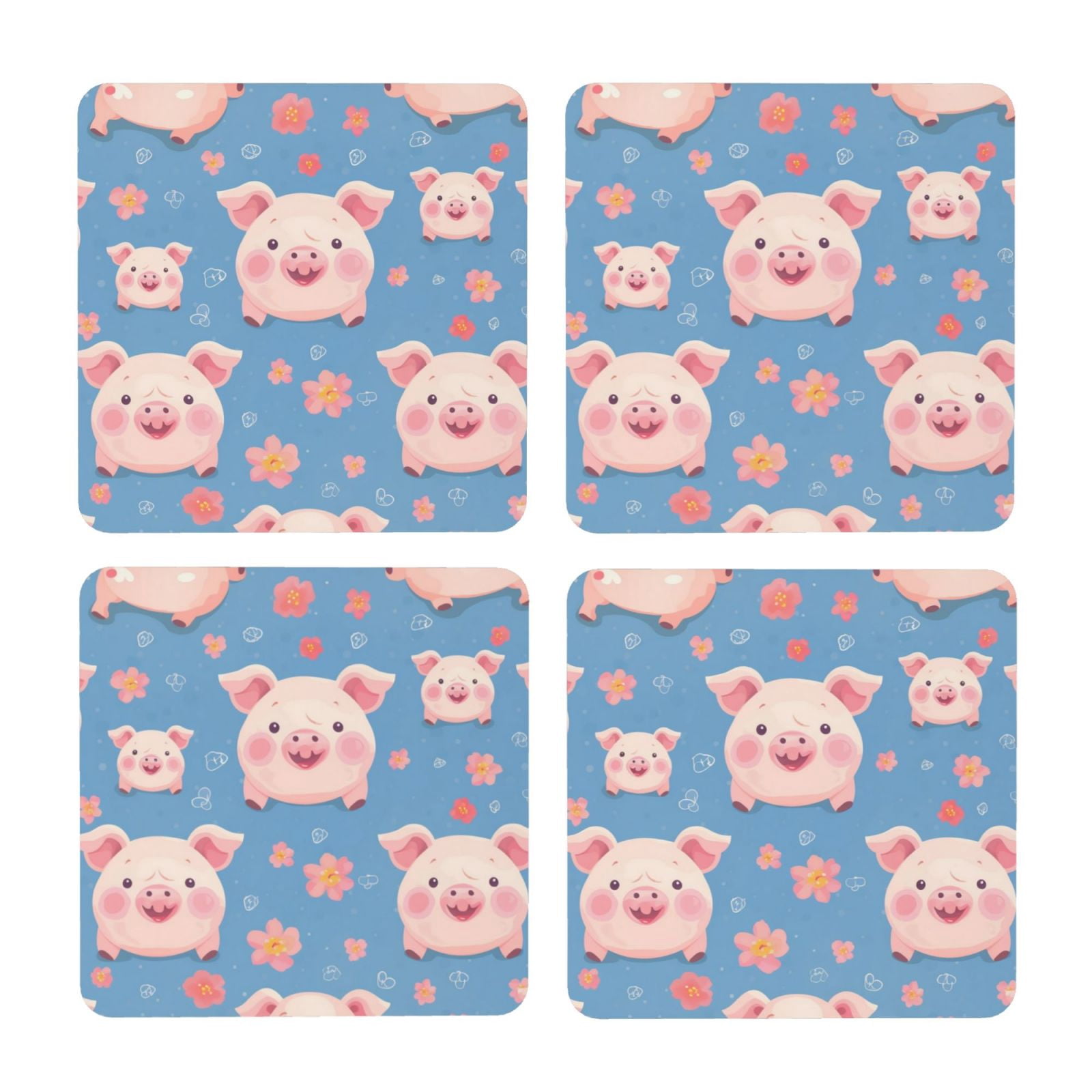 Xecao Cute Pig Flowers for MDF Cork Coaster 4 Pcs,Drink Coasters,Suit ...