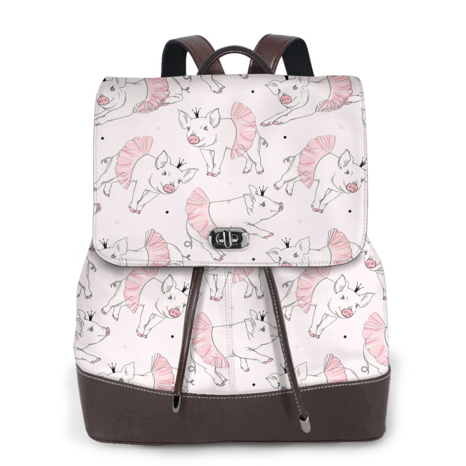 Xecao Cute Piggy Ballerina Print Large Backpack Soft Leather for Women ...
