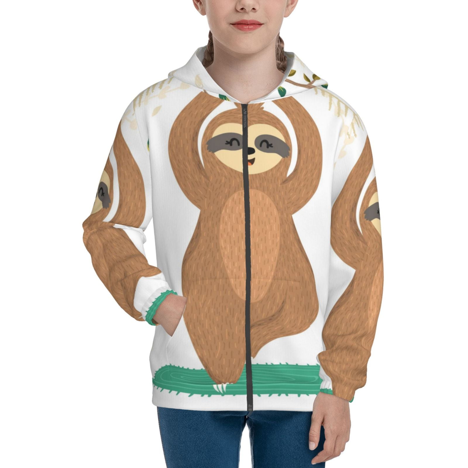 Xecao Cute Sloth In Yoga Pose Tree Pattern Zip Up Hoodies for Boys ...