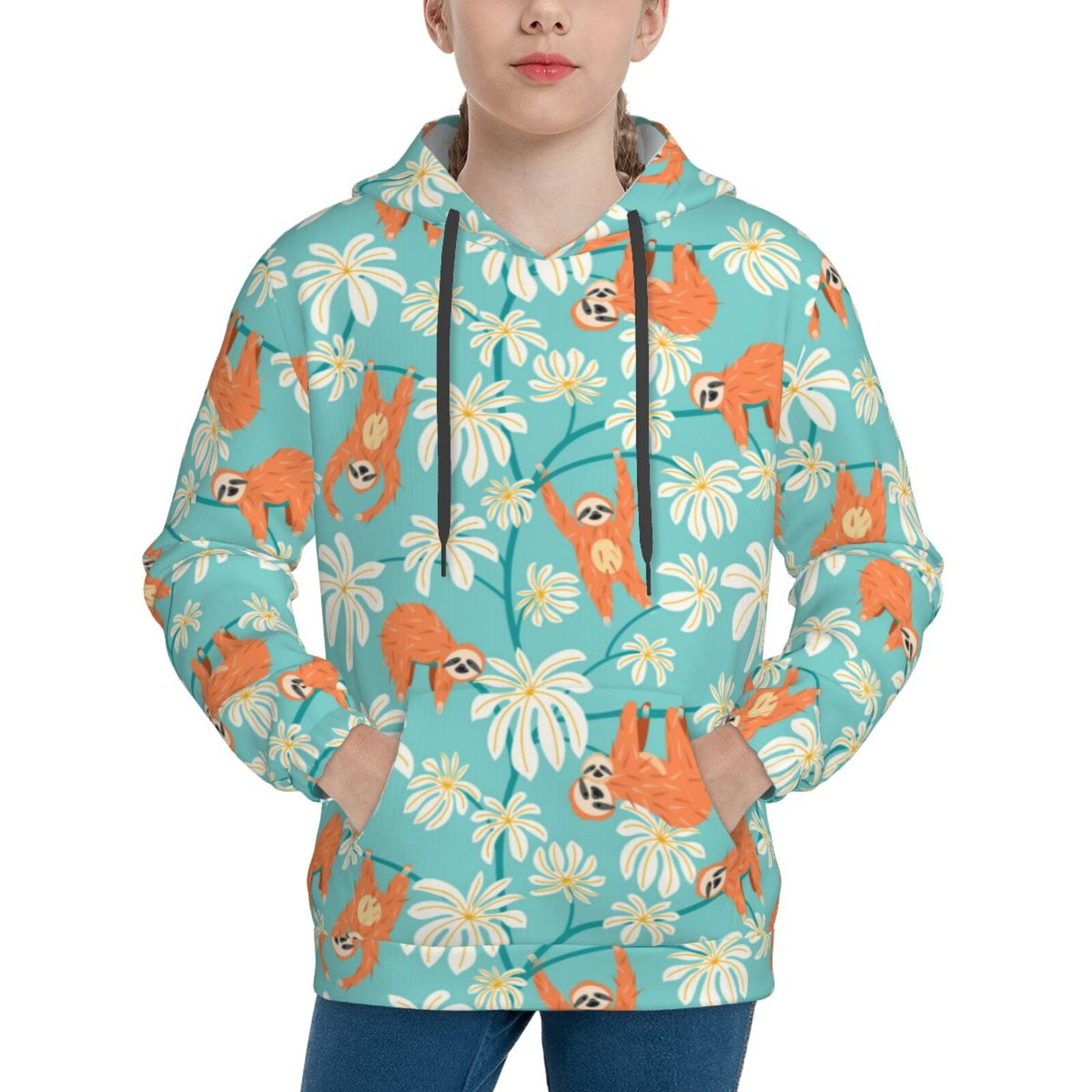 Xecao Cute Sloth on Floral Tree Print Youth Hoodie Sweatshirt,Boys ...