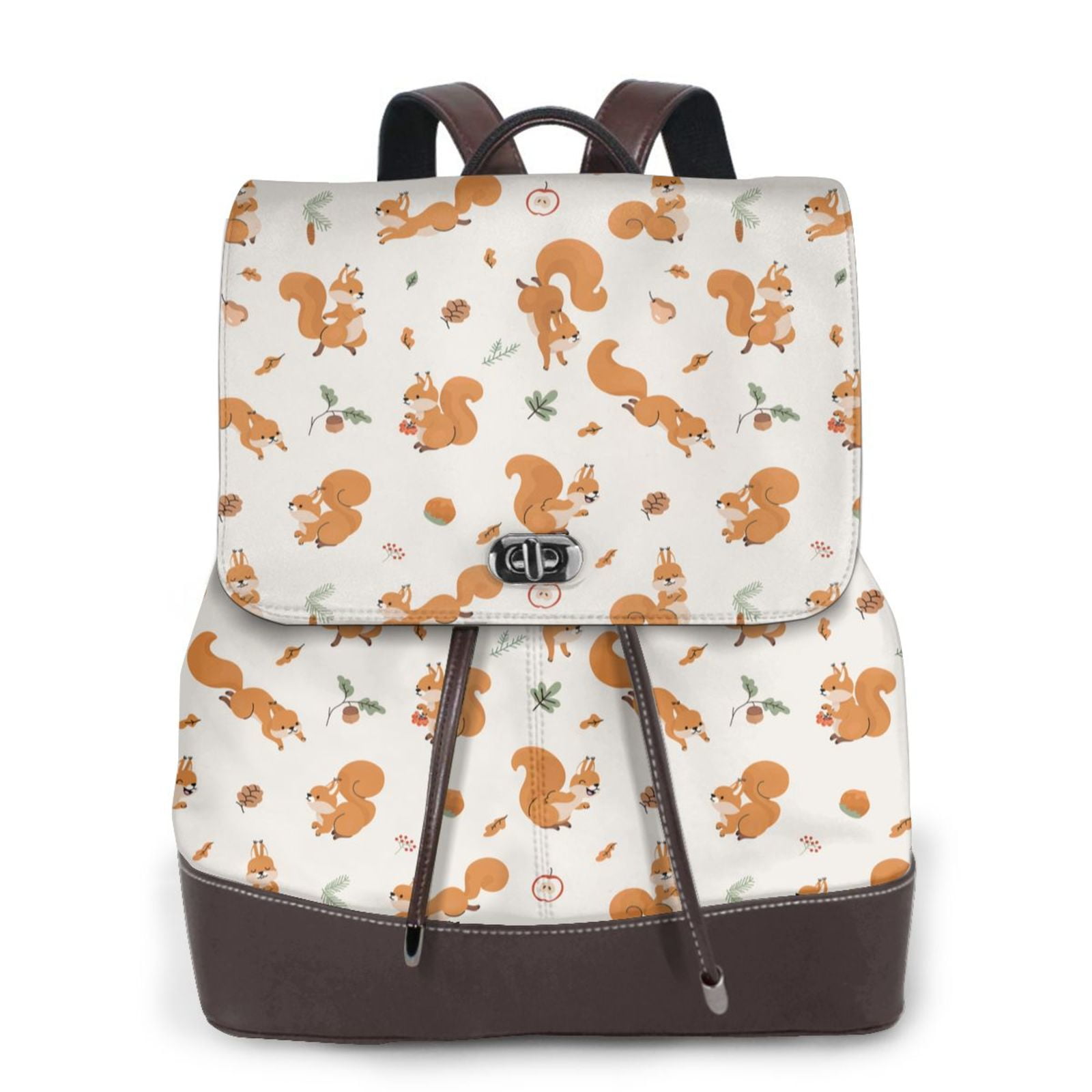 Xecao Cute Squirrel Fall Print Large Backpack Soft Leather for Women ...