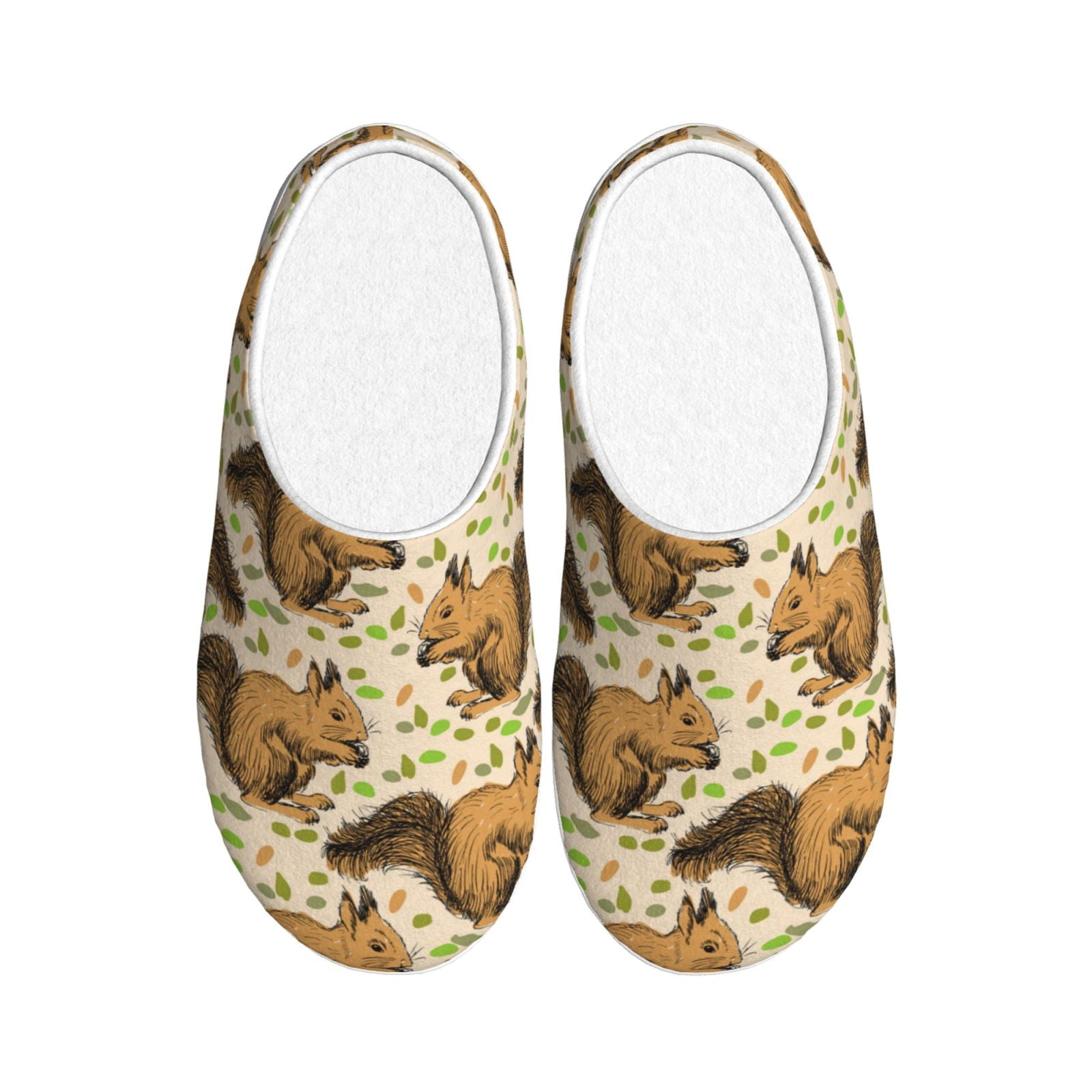 Xecao Cute Squirrel with Green Leaves Print Cotton Slippers Fuzzy Warm ...