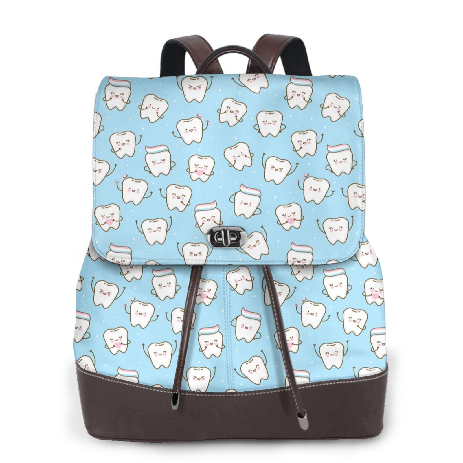Xecao Cute Teeth Print Large Backpack Soft Leather for Women Travel ...