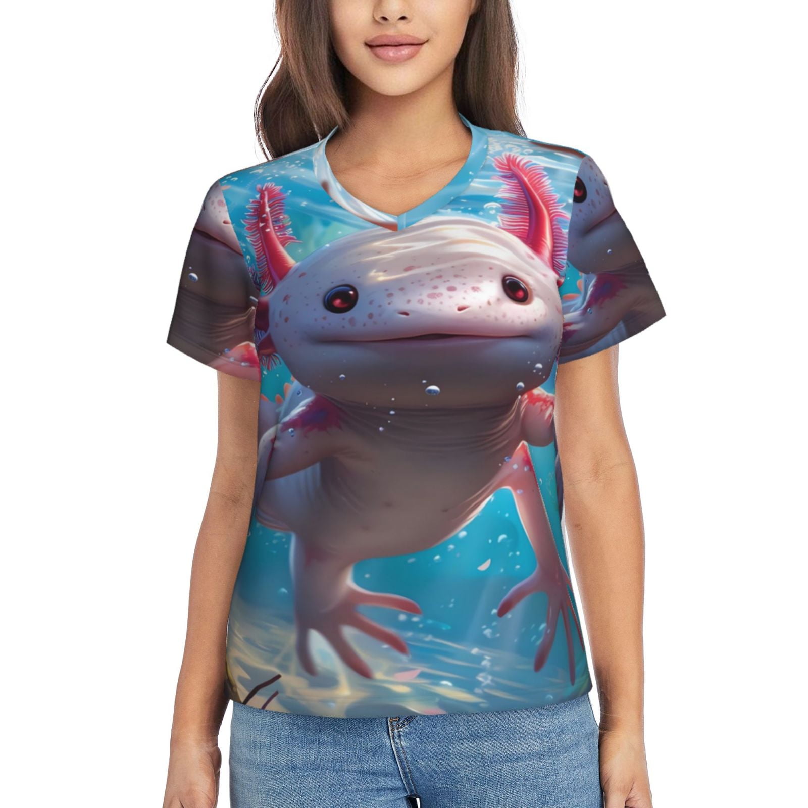 Xecao Cute Underwater Axolotl for Women's V-Neck T-Shirts-Elegant Half ...