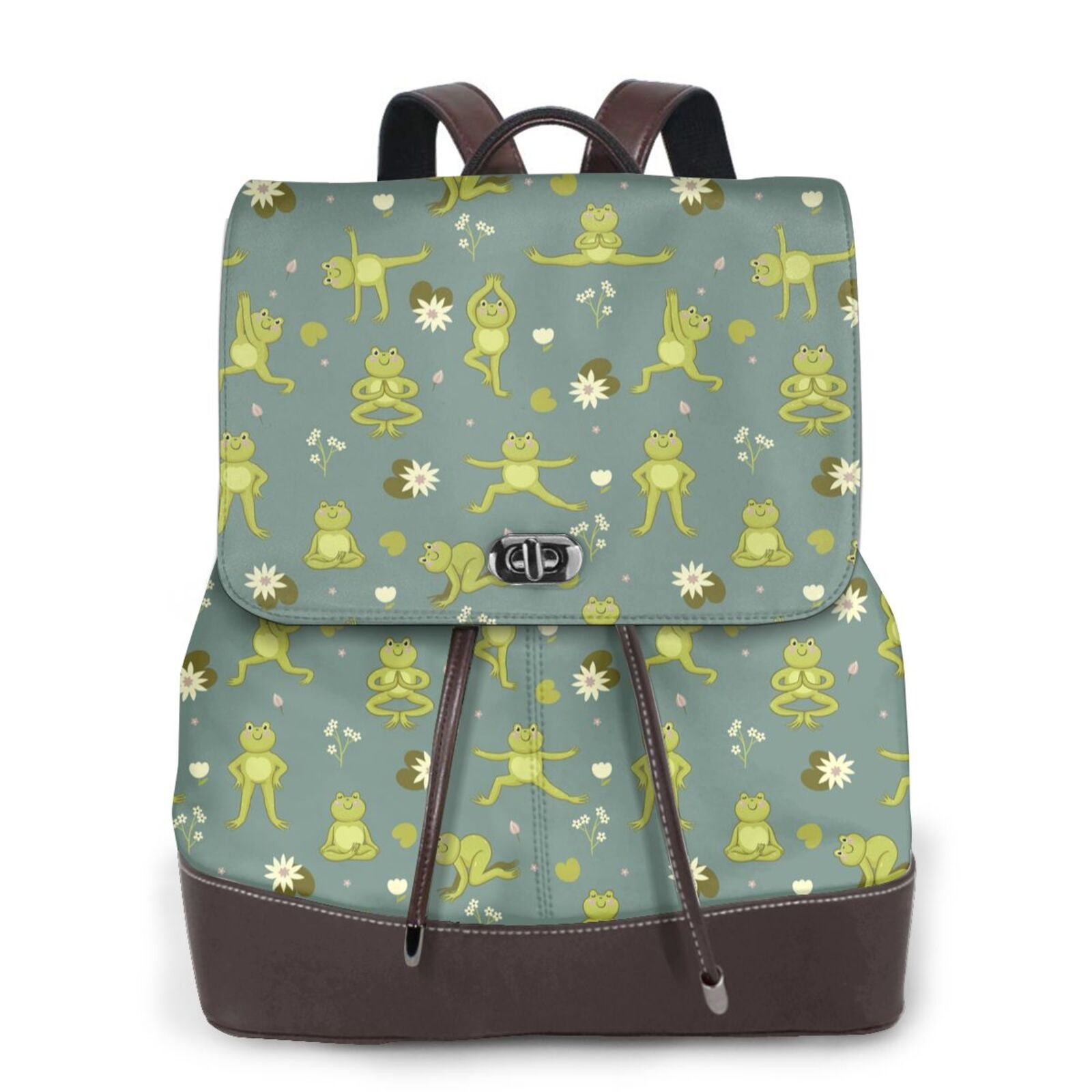 Xecao Cute Yoga Frogs Print Large Backpack Soft Leather for Women ...