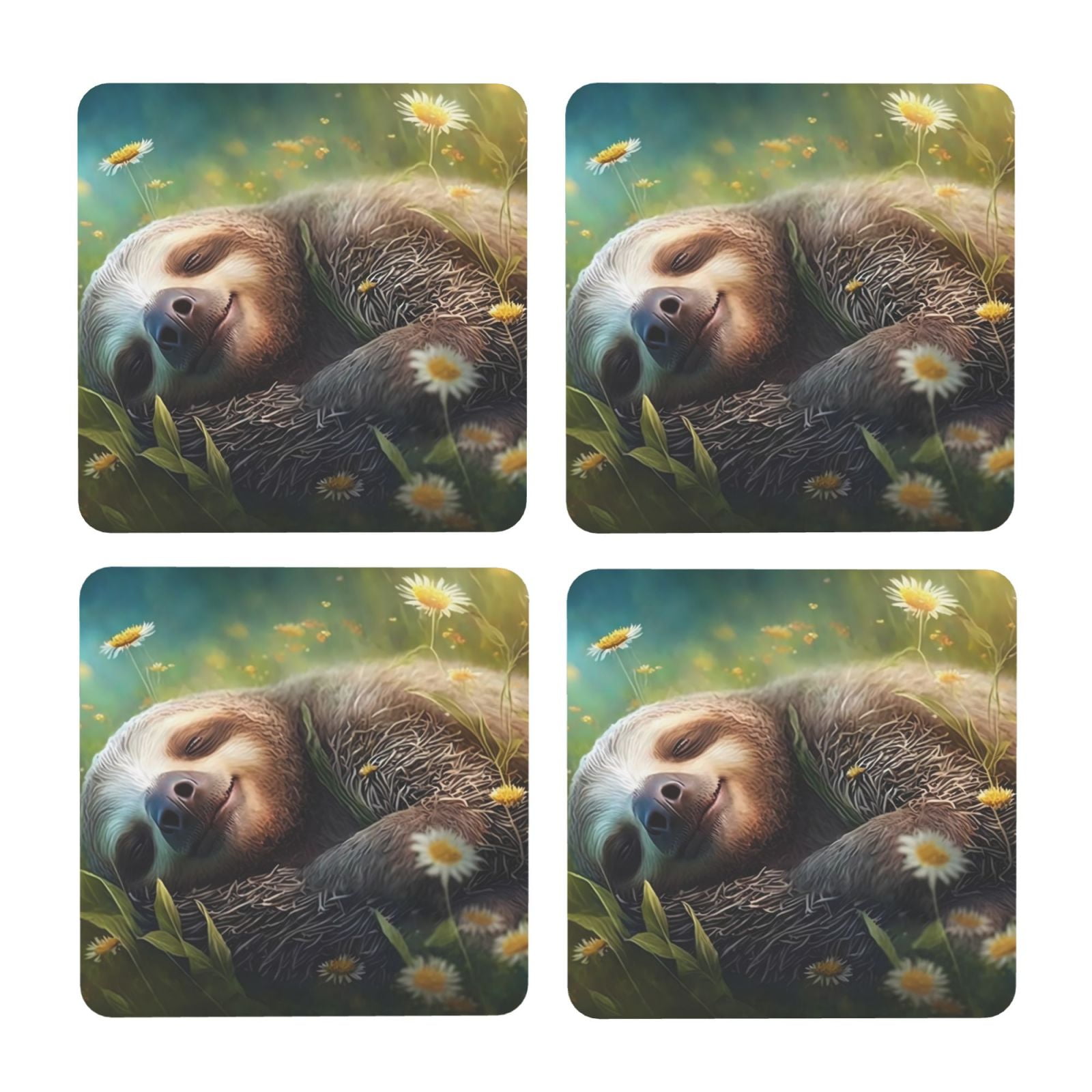 Xecao Daisy Sleeping Sloth for MDF Cork Coaster 4 Pcs,Drink Coasters ...