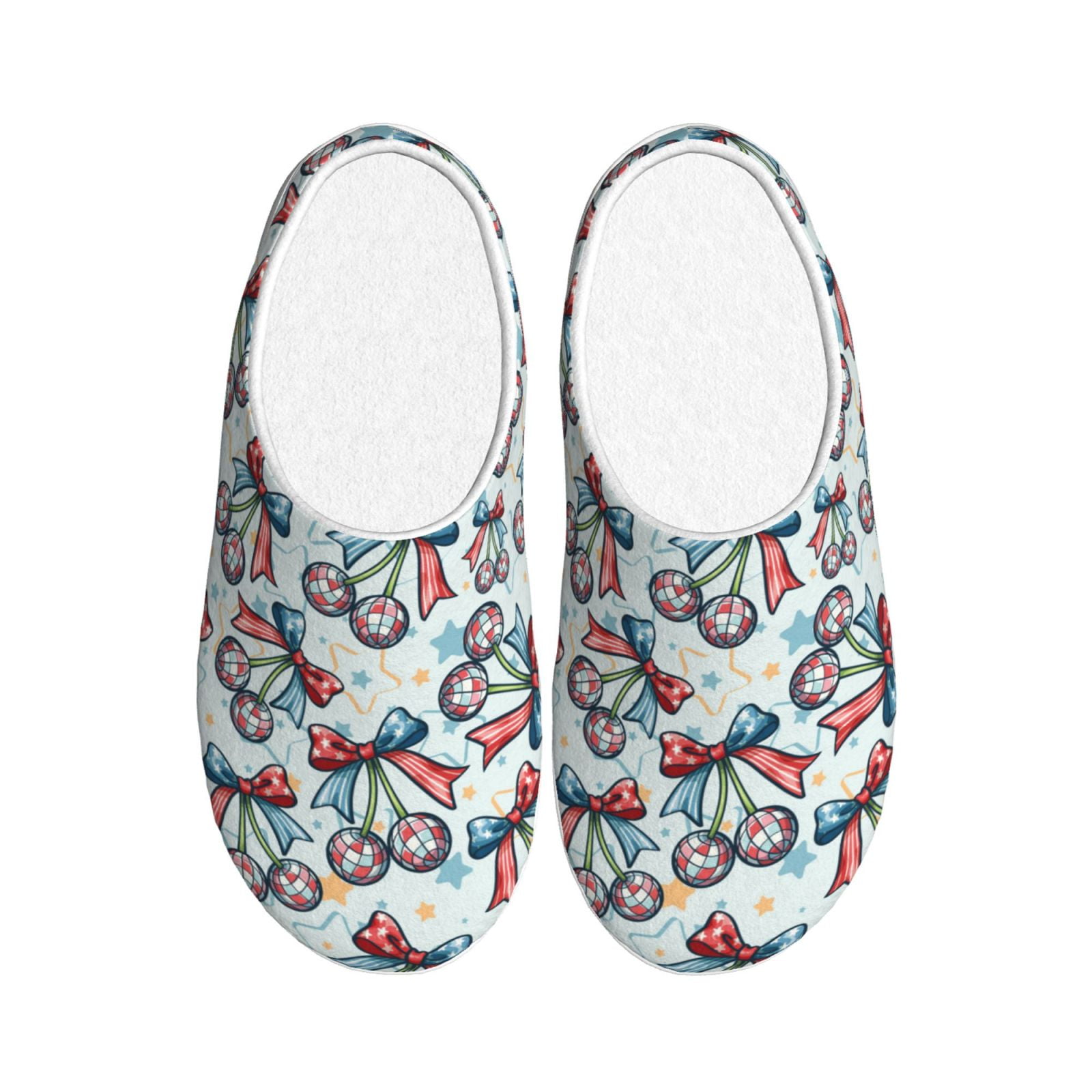Xecao Disco Ball Cherry With Bow Print Cotton Slippers Fuzzy Warm Cozy ...