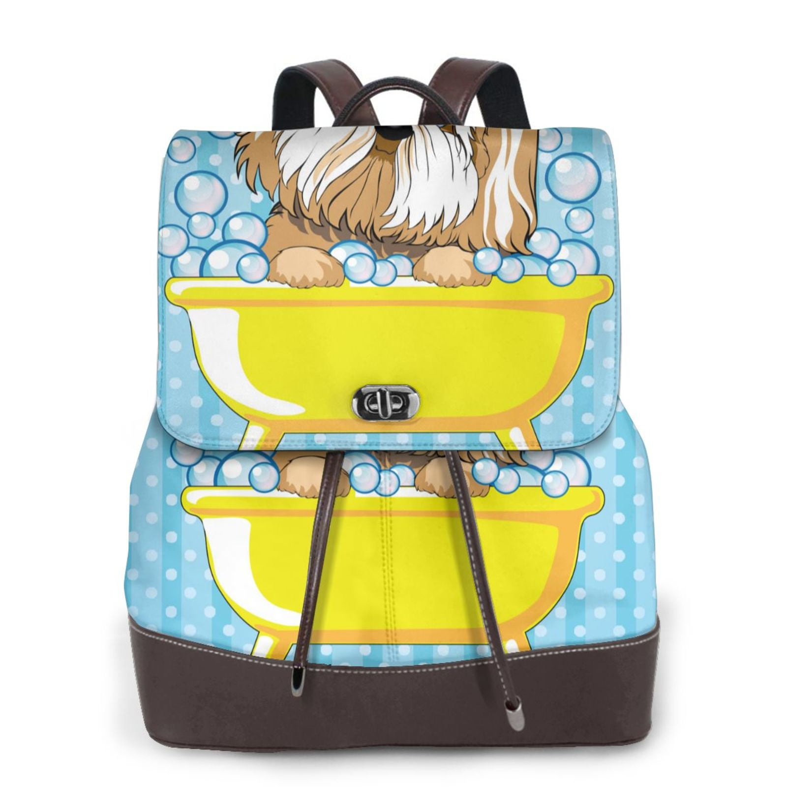 Xecao Dog Takes a Bath in the Bathtub Print Large Backpack Soft Leather ...