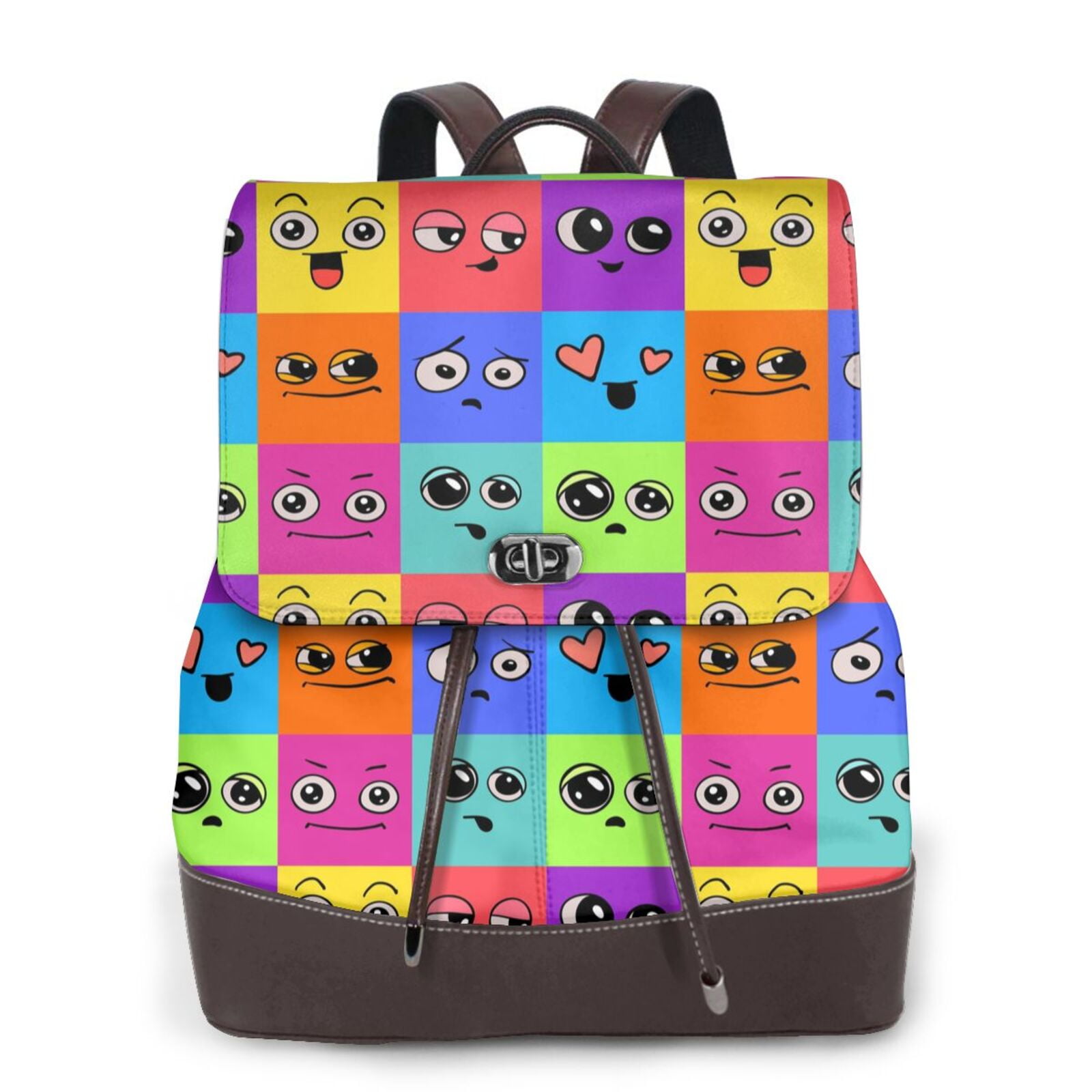 Xecao Doodle Faces Emotions Print Large Backpack Soft Leather for Women ...