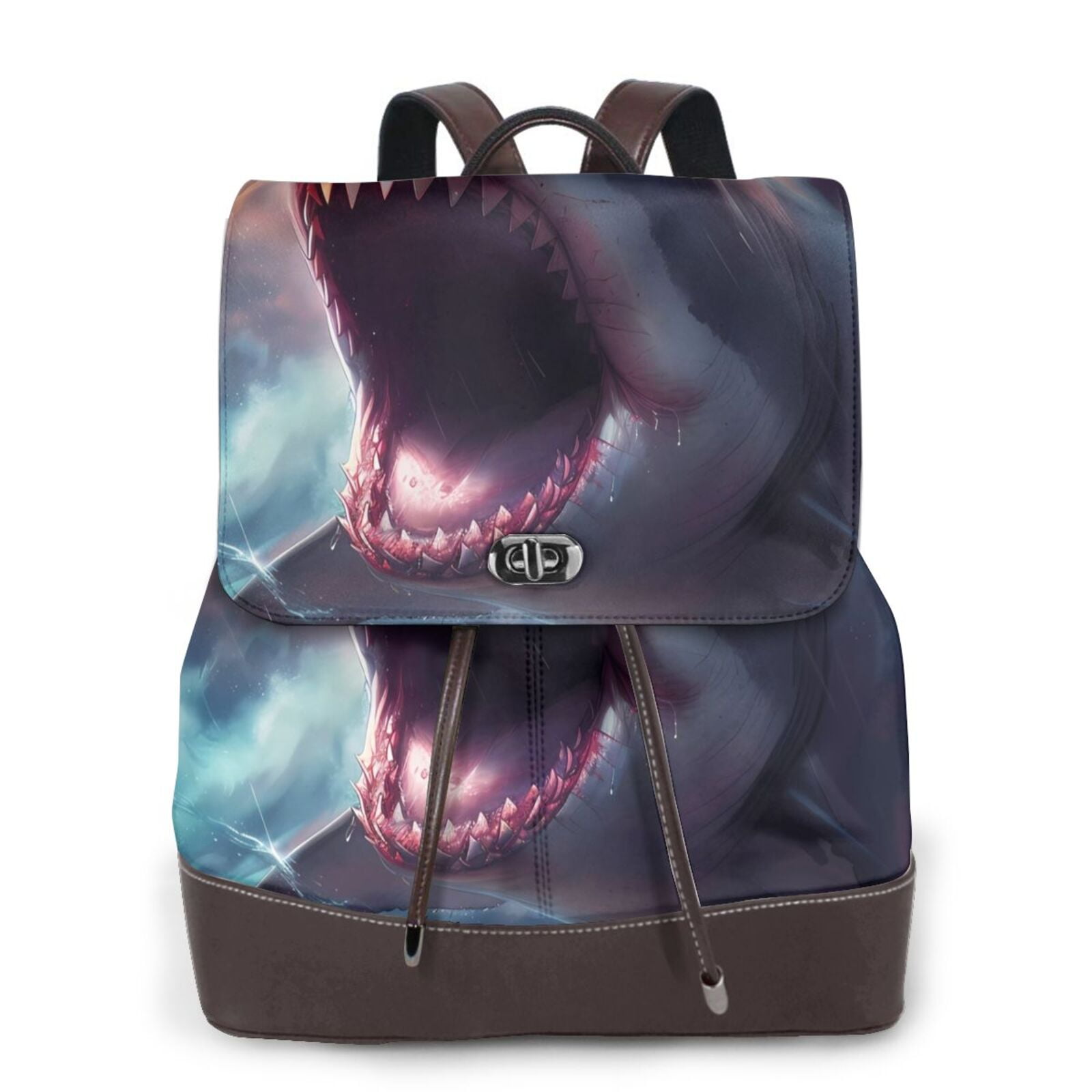 Xecao Dramatic Shark Attack Print Large Backpack Soft Leather for Women ...