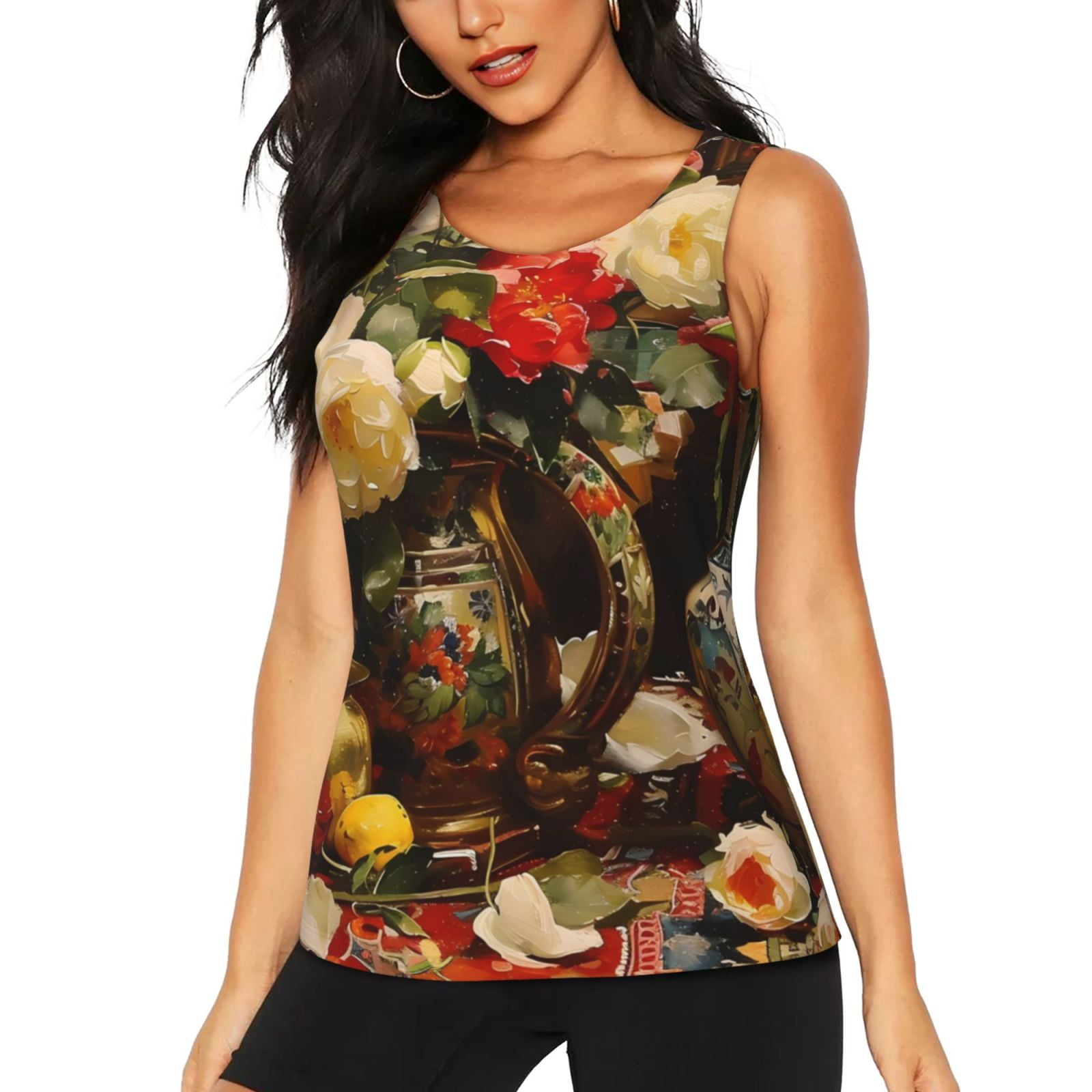 Xecao Elegant Still Life Roses Print Women's Scoop Neck, Loose-Fit ...