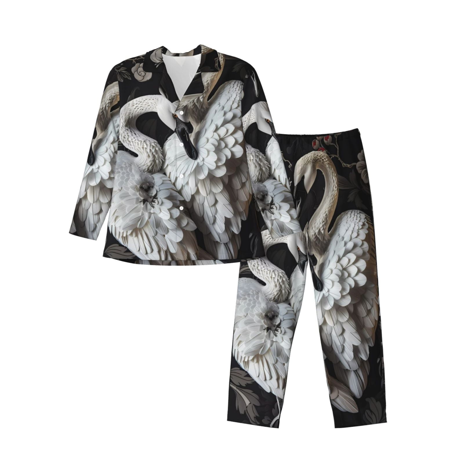 Xecao Elegant Swans Black Background Print Pajamas Set Mens Pajamas ...