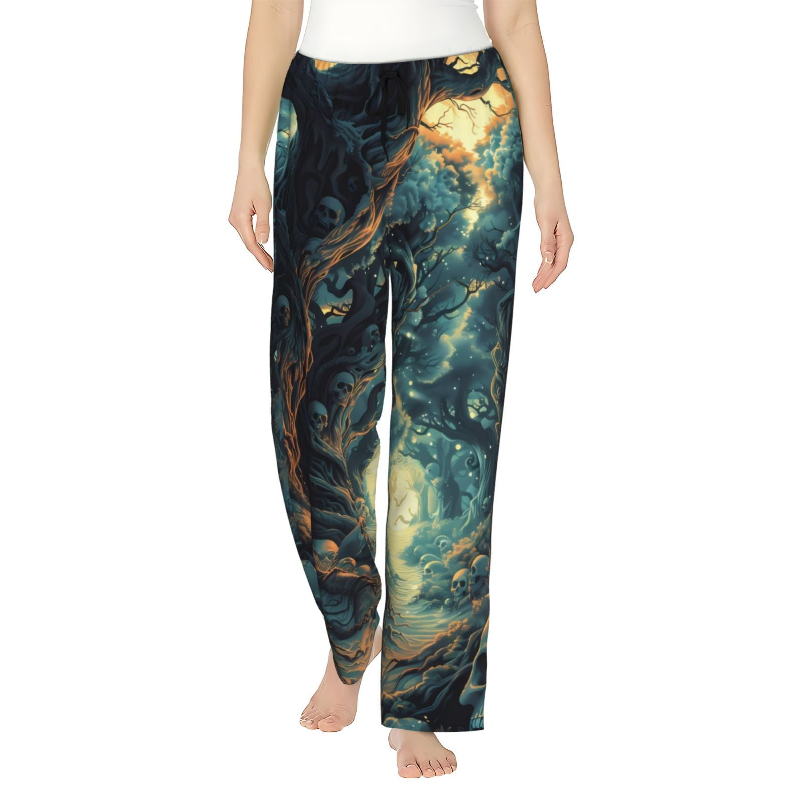 Xecao Enchanted Forest Skull Path Print Women's Straight Lounge Pajama ...