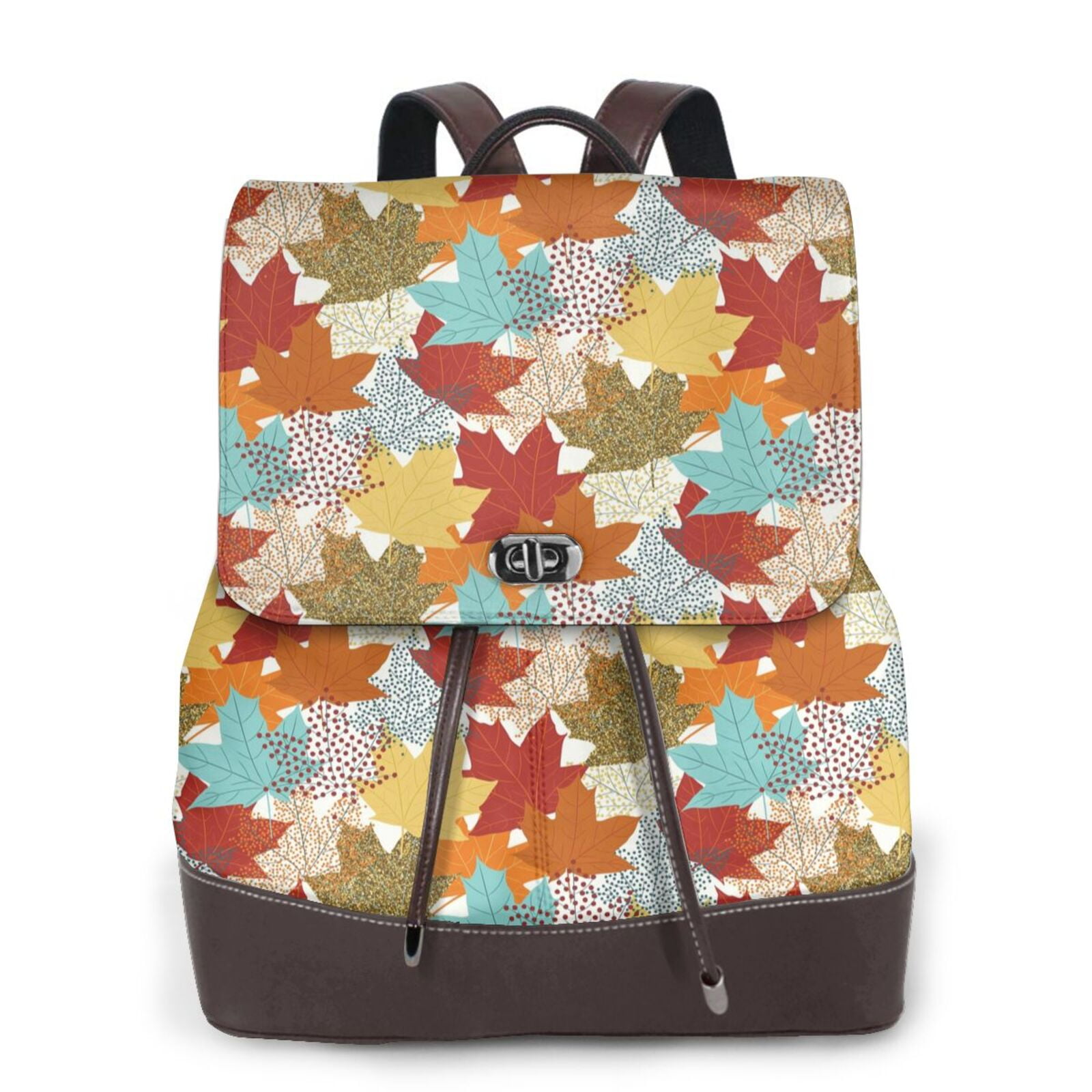 Xecao Fall Maple Leaves Print Large Backpack Soft Leather for Women ...